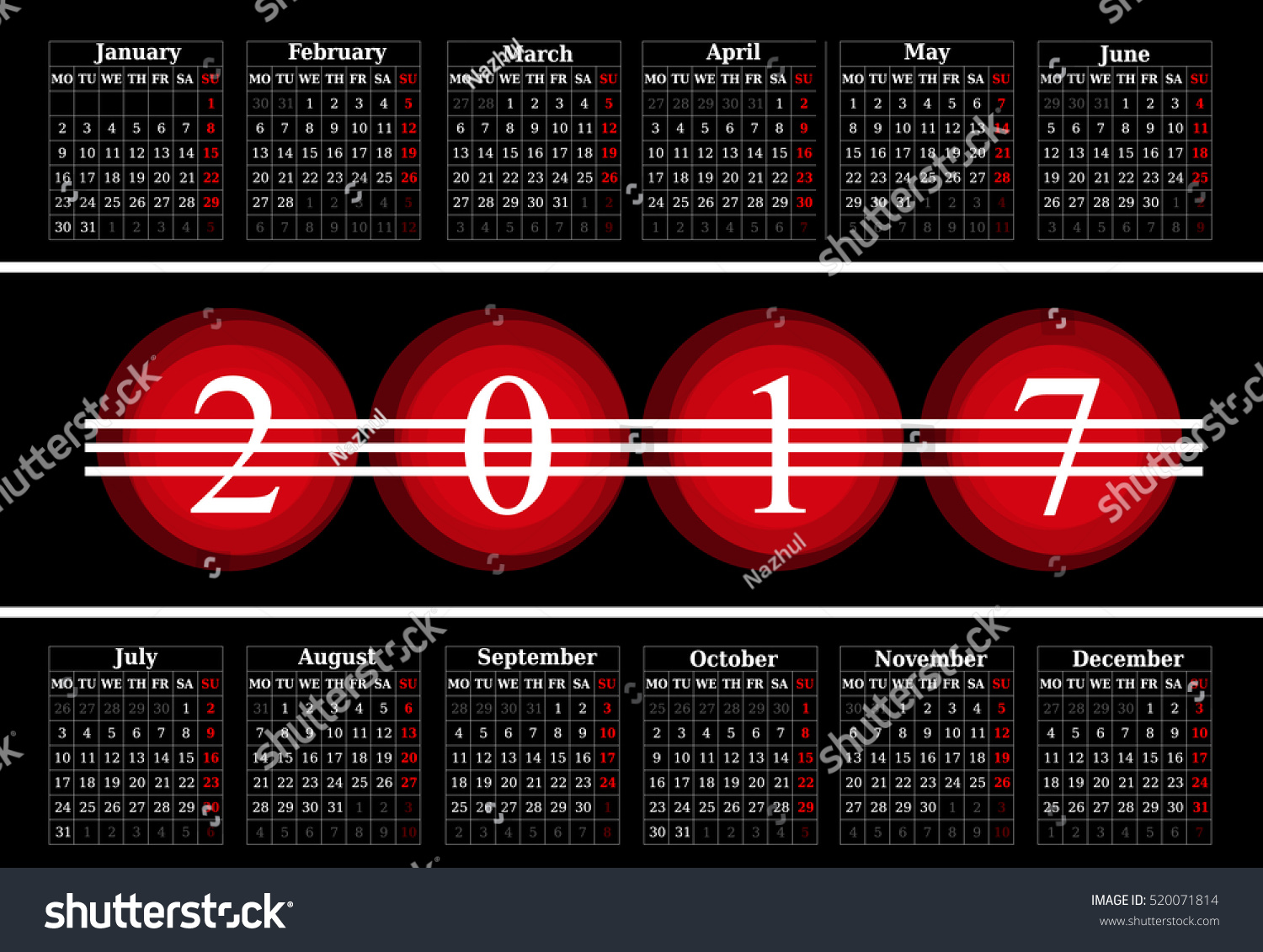 Calendar 2017 On Black Background Vector: vector de stock (libre de ...