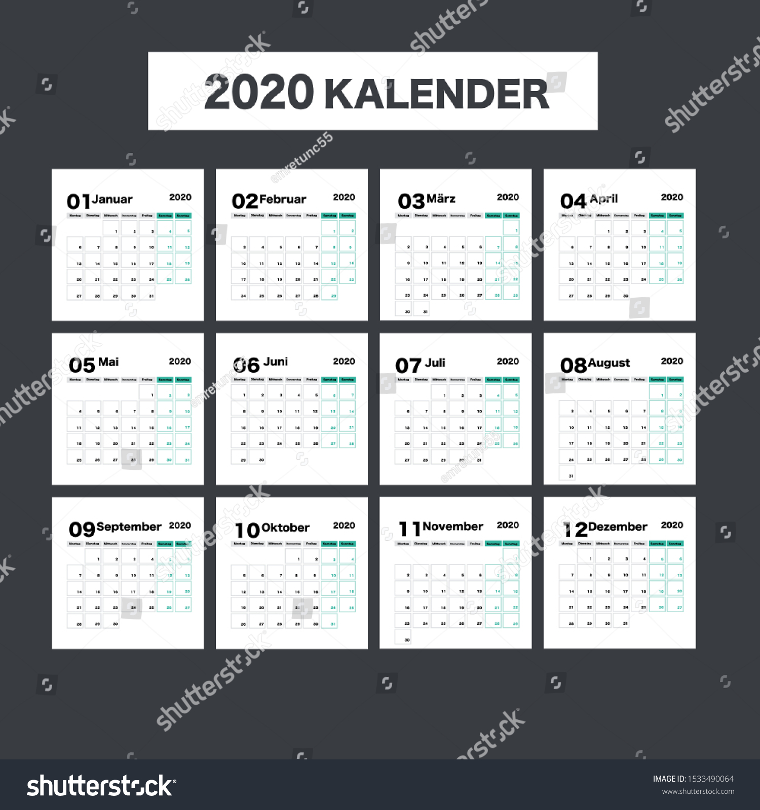 Calendar 2020 German Version Vector Illustration Stock Vector (Royalty ...