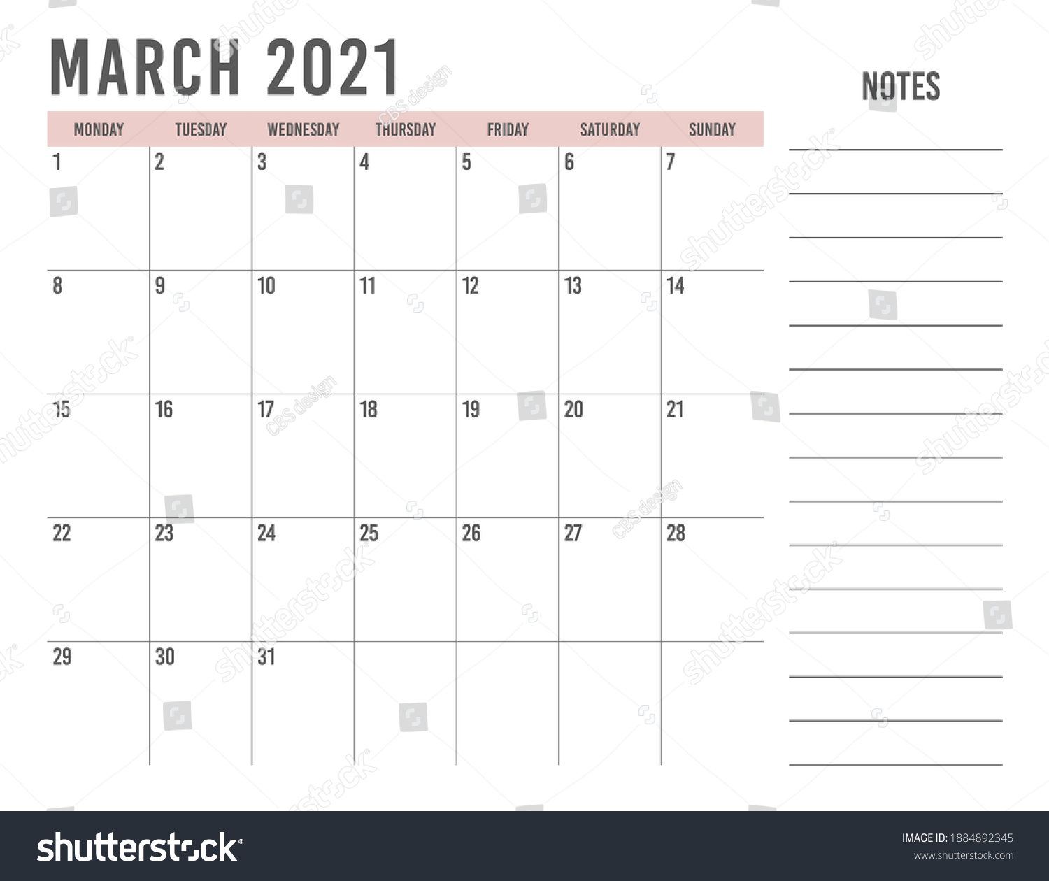 Calendar March 2021 Landscape Design Printable Stock Vector (Royalty ...