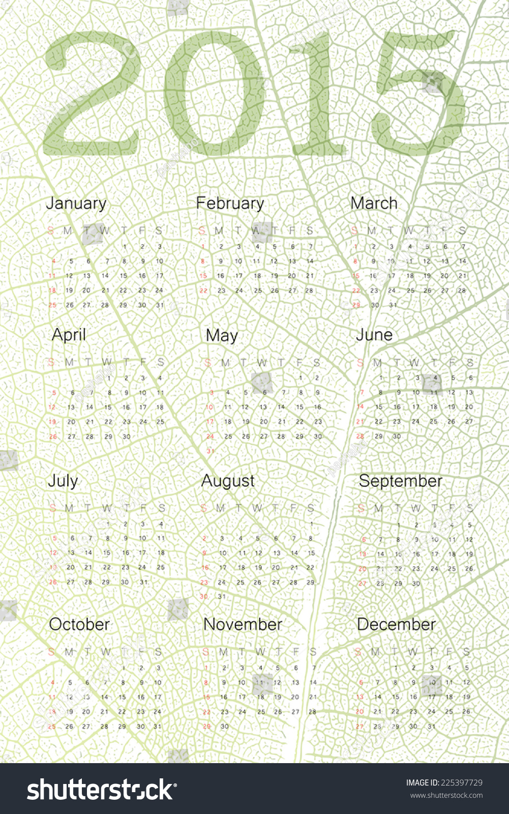 Calendar 2015 On Leaf Veins Texture Stock Vector (Royalty Free) 225397729