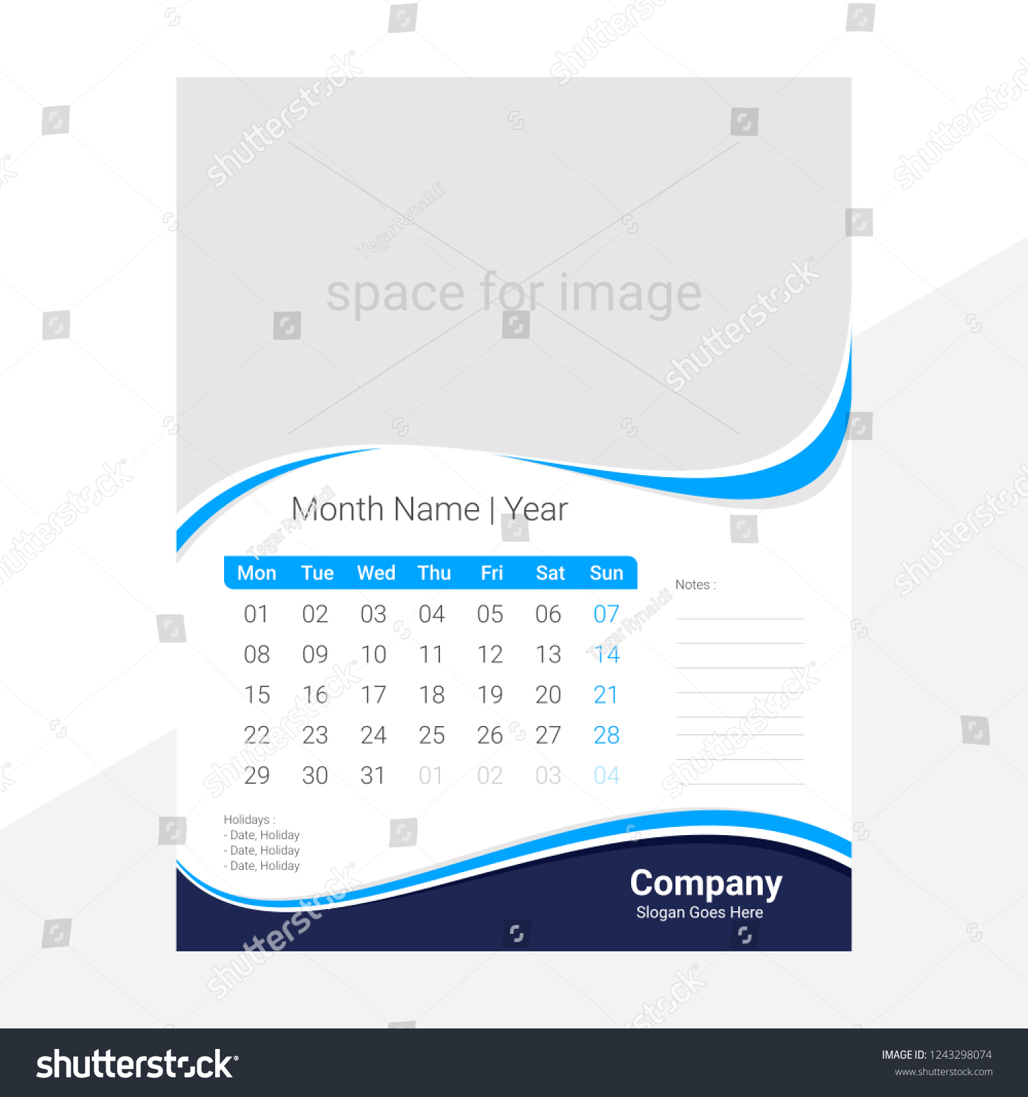 Calendar Template Monthly Vector Stock Vector (Royalty Free) 1243298074 ...