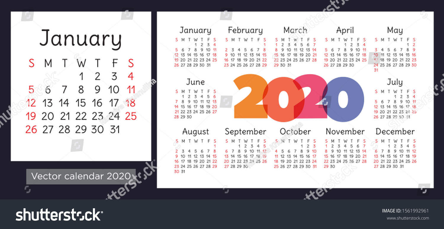 Calendar 2020 Vector Pocket Basic Grid Stock Vector (Royalty Free ...