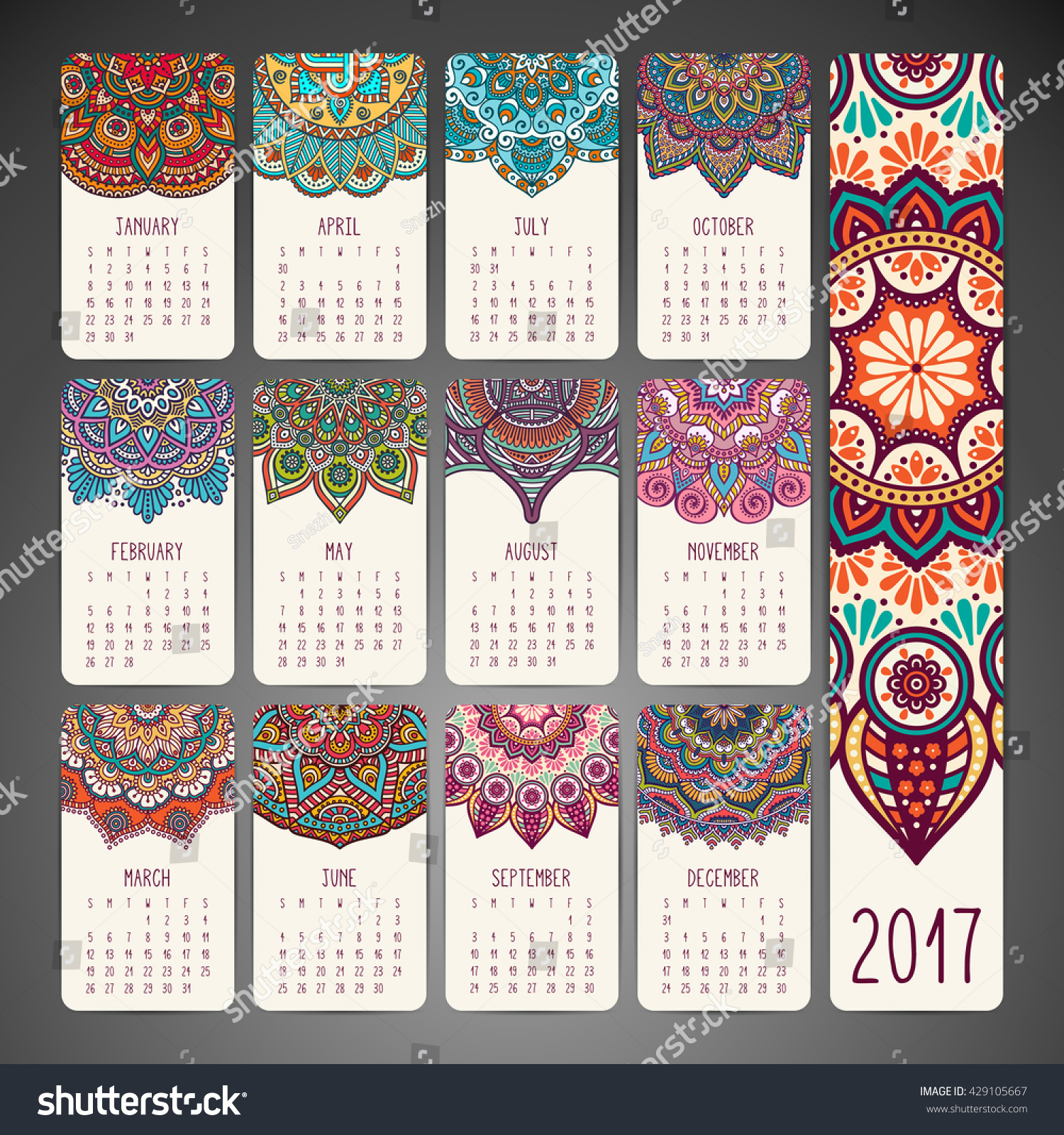 Calendar 2017 Vintage Decorative Elements Oriental Stock Vector ...