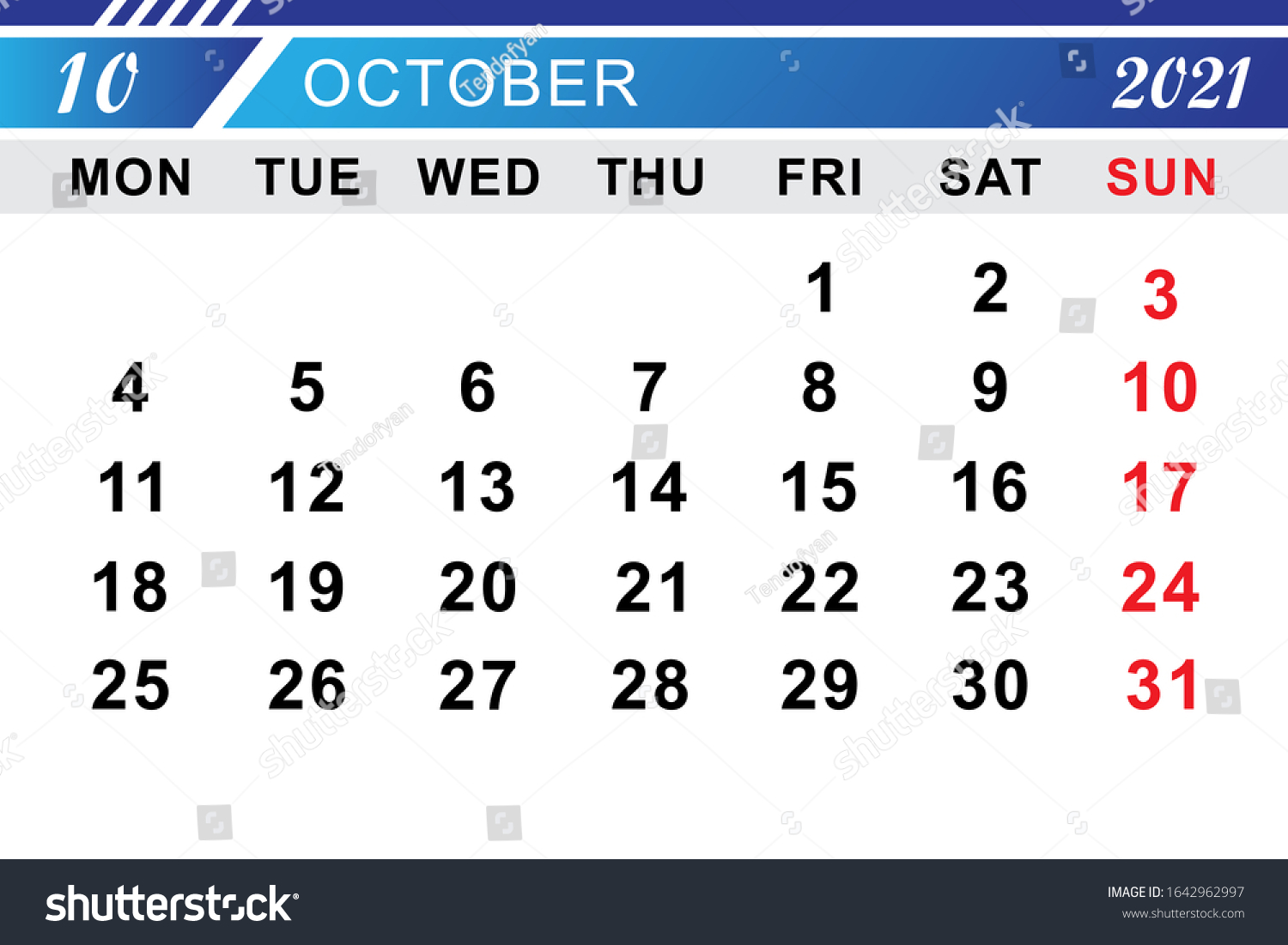 Calender October 2021 Template Design Vector Stock Vector (Royalty Free ...