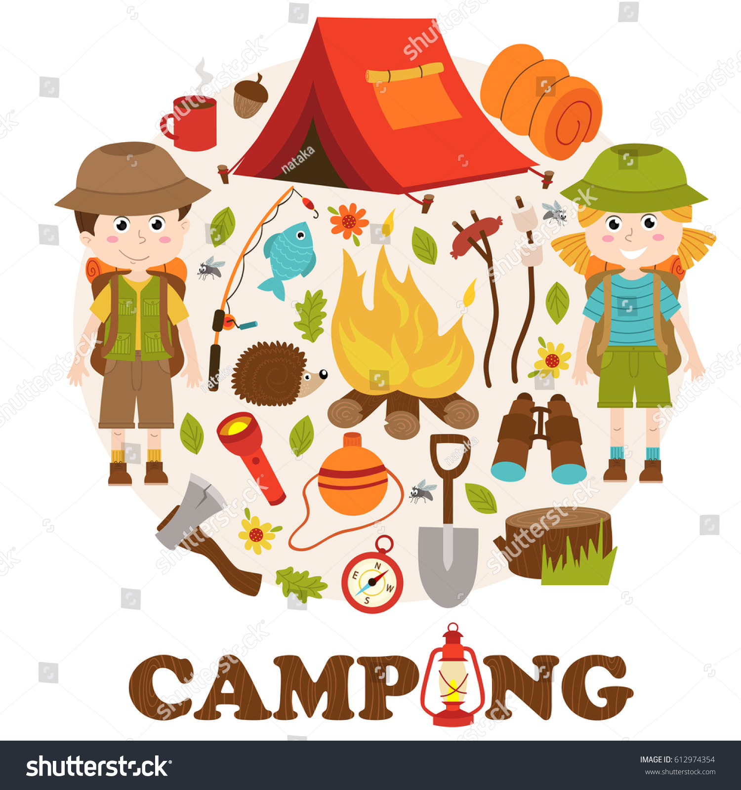 Camping Elements Characters Vector Illustration Eps Stock Vector ...