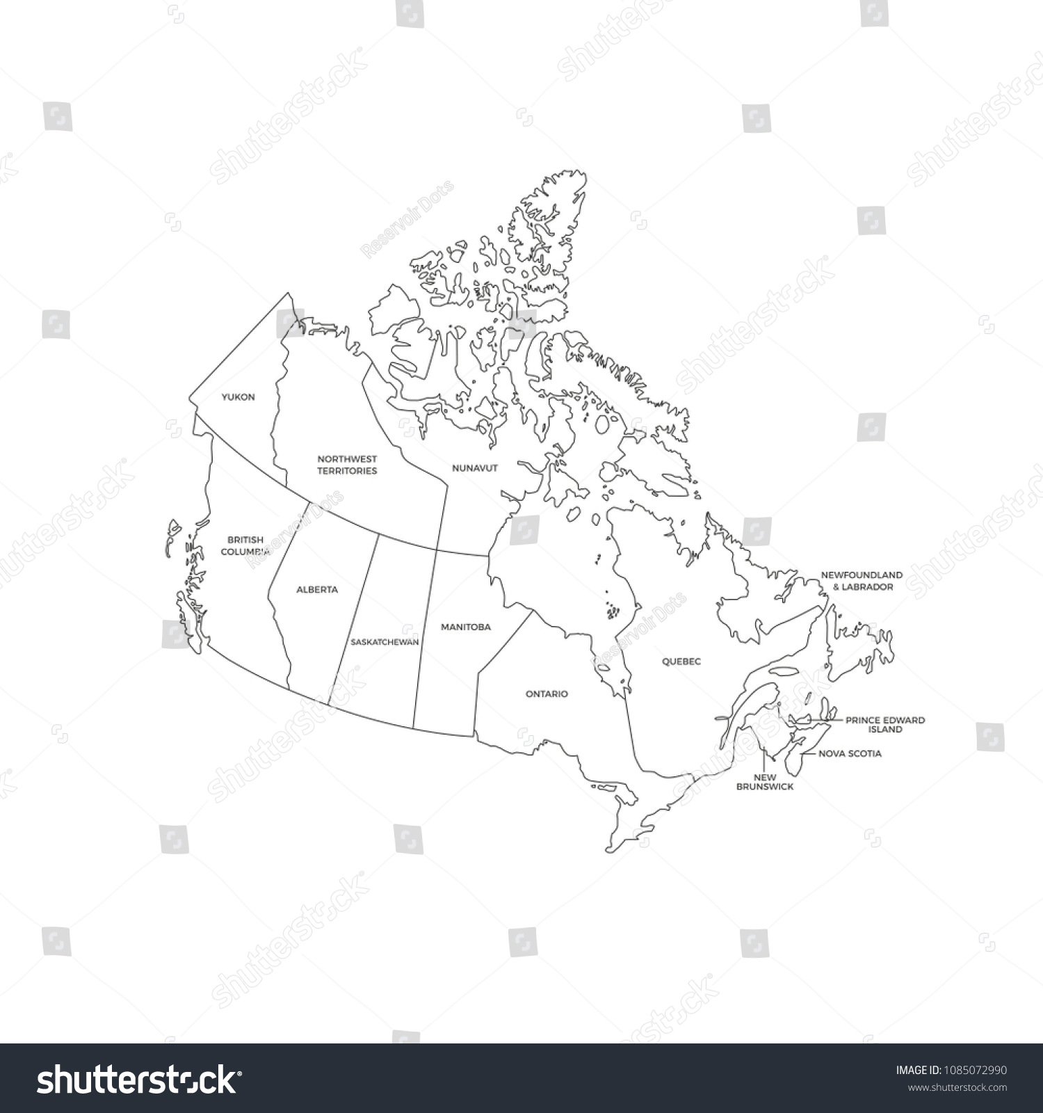 Canada Regions Map Line Vector: เวกเตอร์สต็อก (ปลอดค่าลิขสิทธิ์) 1085072990