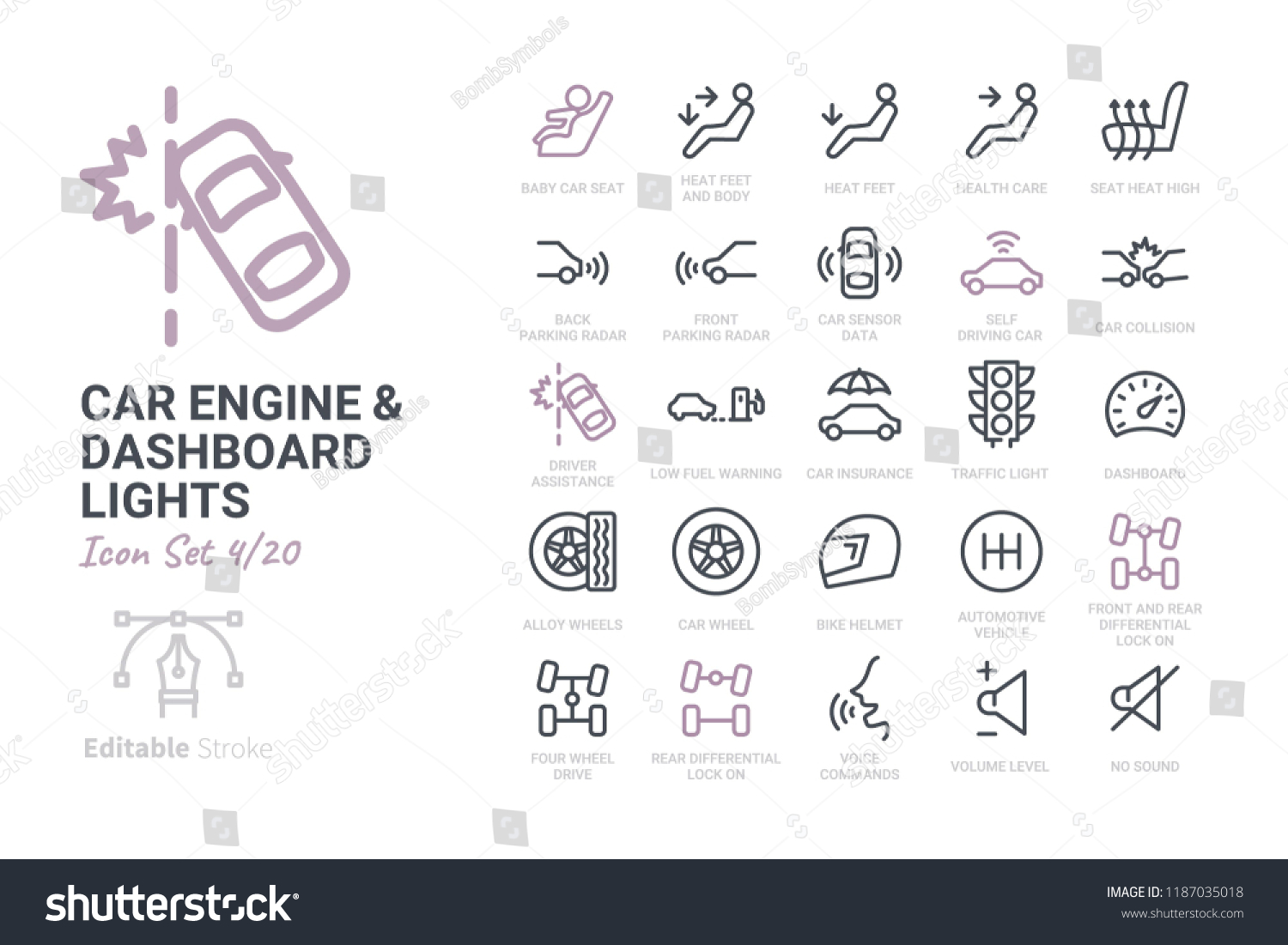 Car Engine Dashboard Lights Icon Set Stock Vector (Royalty Free) 1187035018
