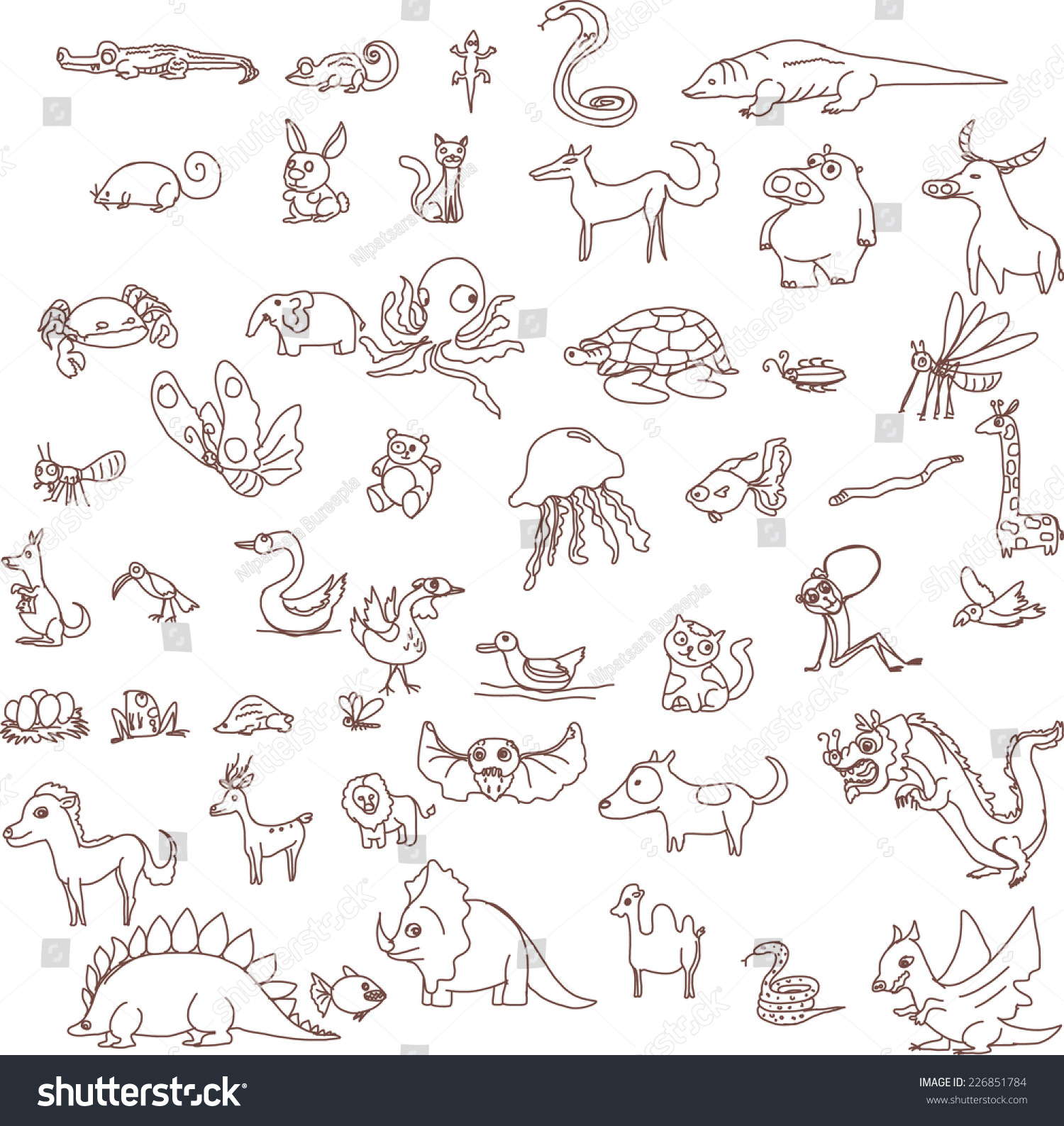 Cartoon Animals Outline: เวกเตอร์สต็อก (ปลอดค่าลิขสิทธิ์) 226851784 ...