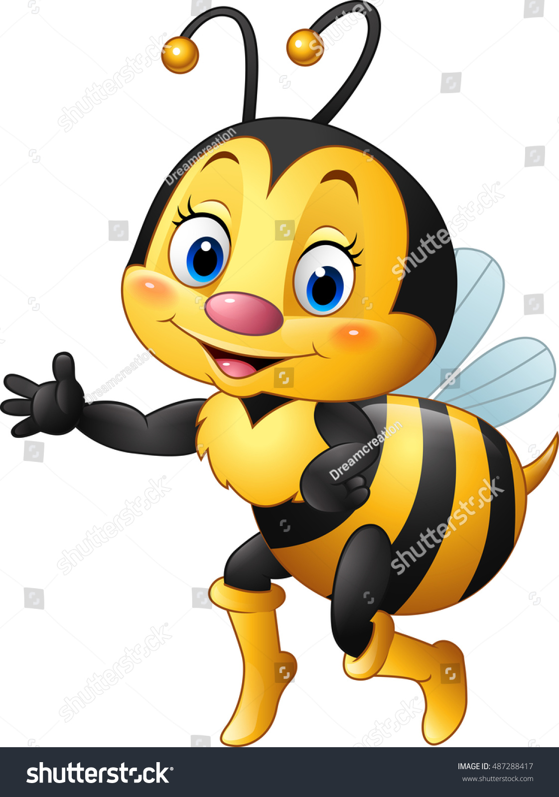 Cartoon Bee Waving Hand: เวกเตอร์สต็อก (ปลอดค่าลิขสิทธิ์) 487288417