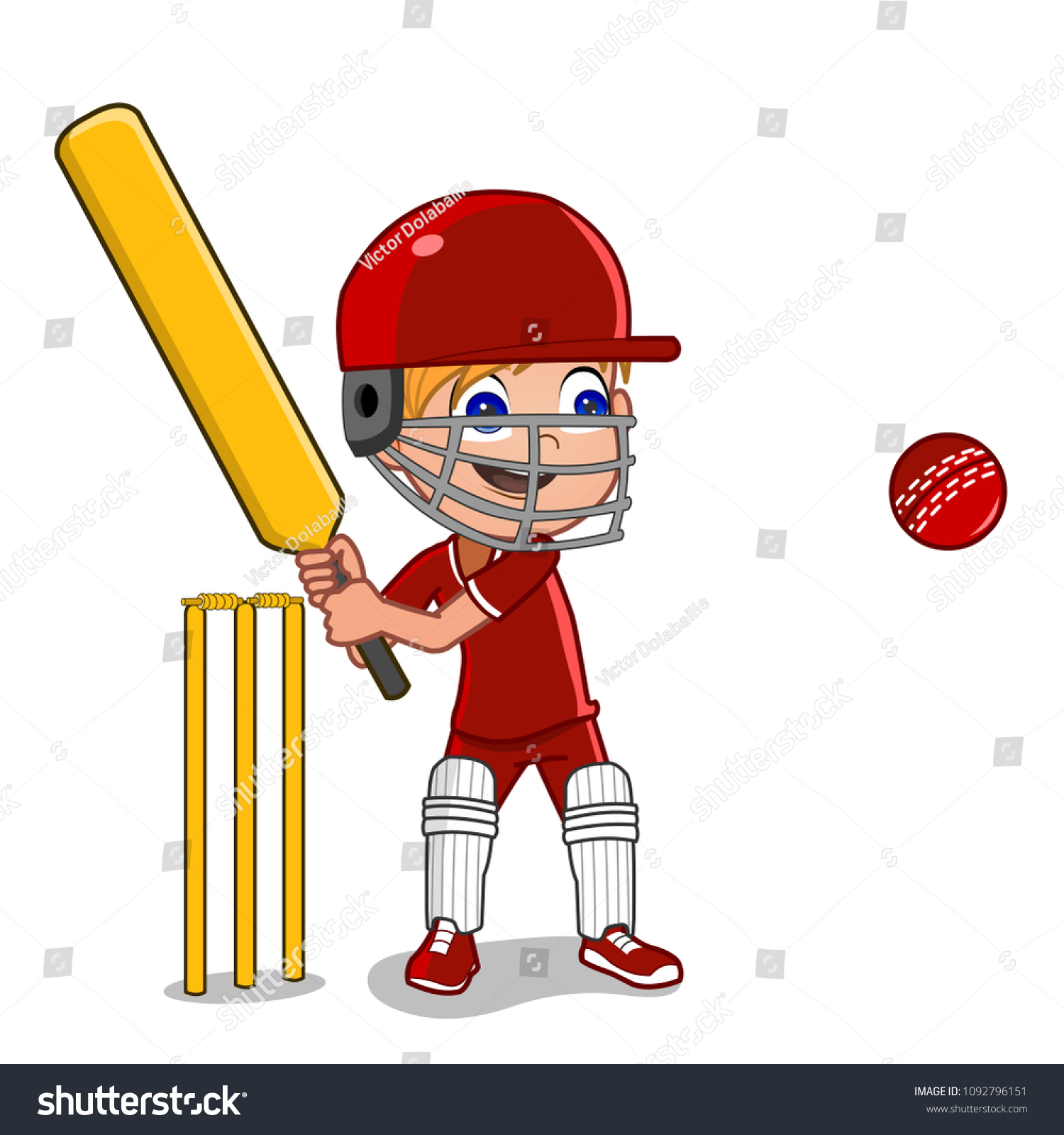 Cartoon Boy Playing Cricket: เวกเตอร์สต็อก (ปลอดค่าลิขสิทธิ์) 1092796151