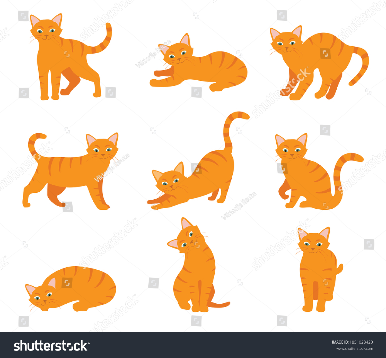 Cartoon Cat Set Different Poses Emotions เวกเตอร์สต็อก ปลอดค่า