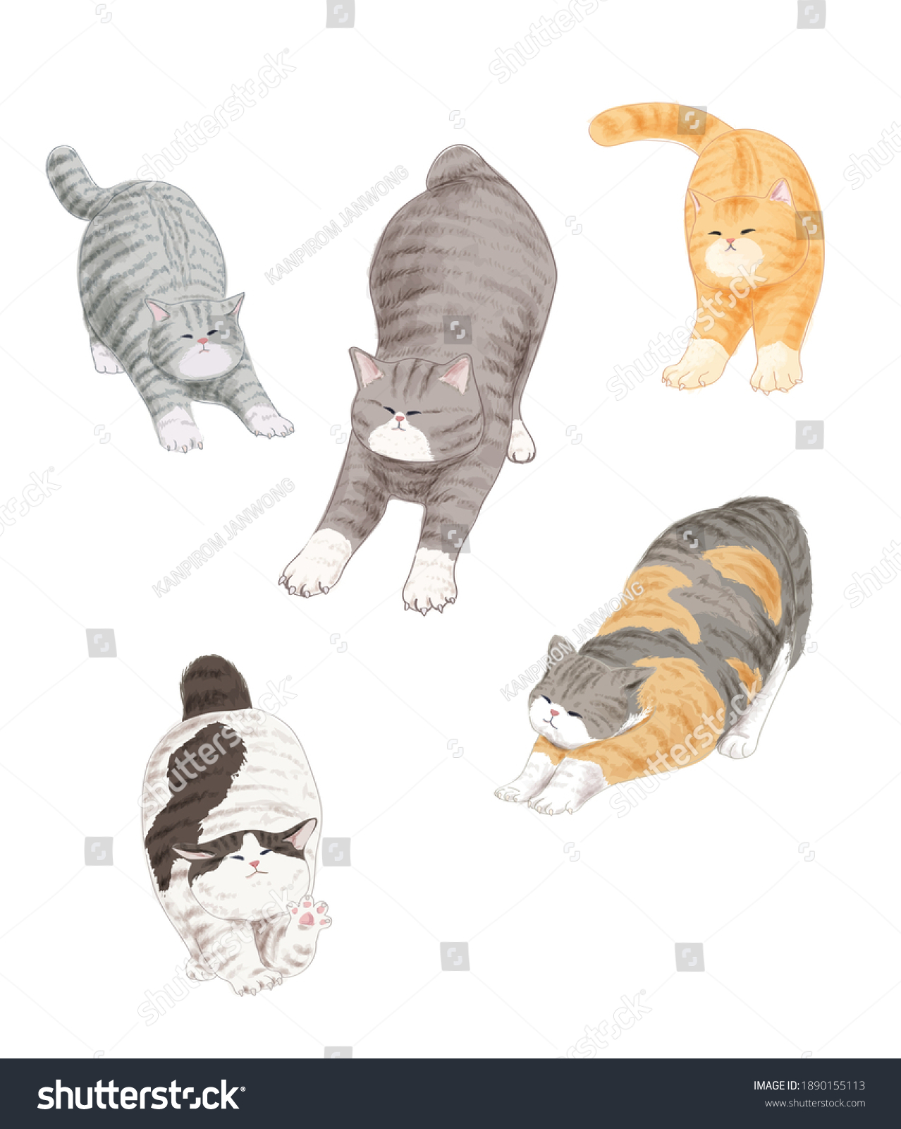 Cartoon Cat Set Different Poses Emotions стоковая векторная графика
