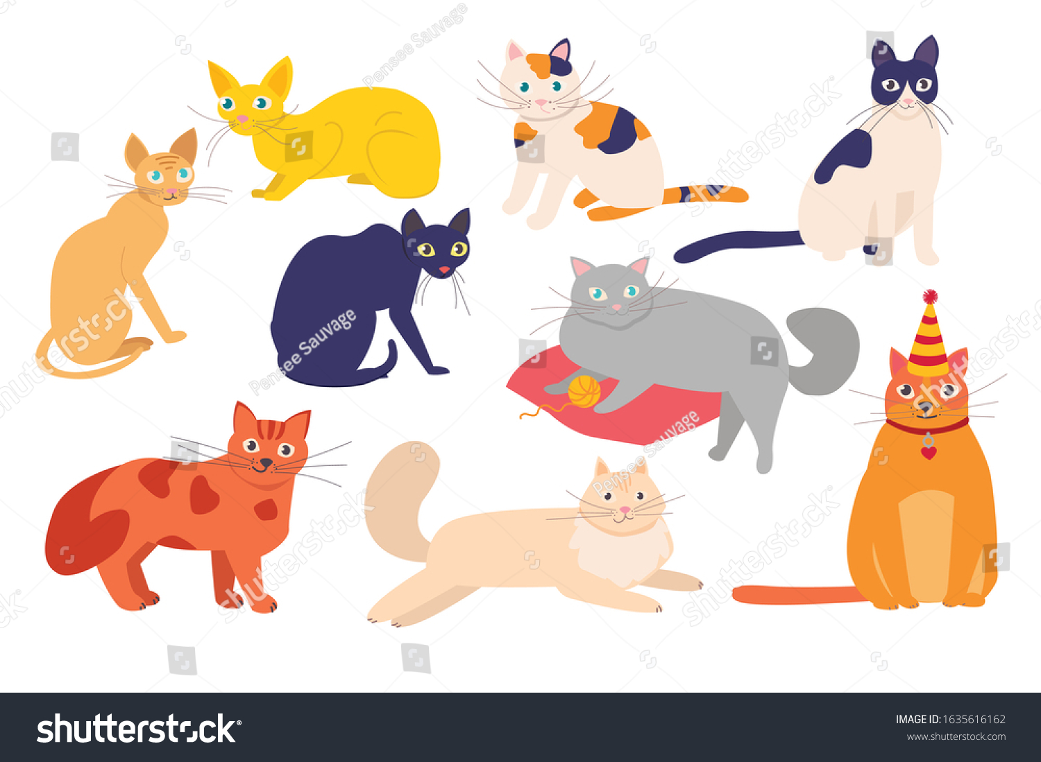 Cartoon Cats Set Different Poses Emotions เวกเตอร์สต็อก ปลอดค่า
