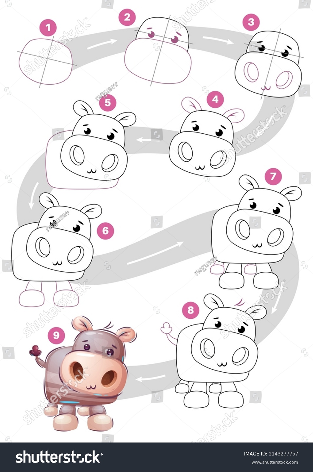 Cartoon Character Hippo Step By Step Stock Vector (Royalty Free ...