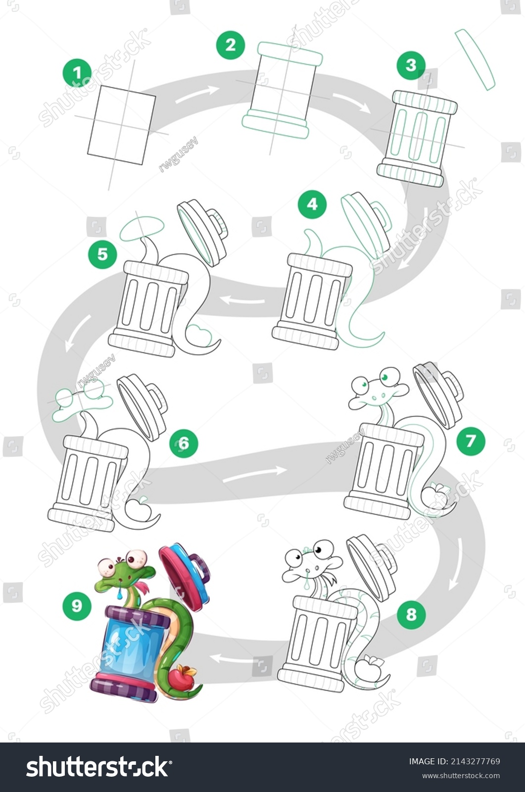 Cartoon Character Snake Trash Drawing Tutorial Stock Vector (Royalty ...