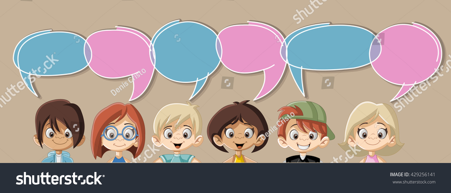 Cartoon Children Talking Speech Bubbles: เวกเตอร์สต็อก (ปลอดค่า ...