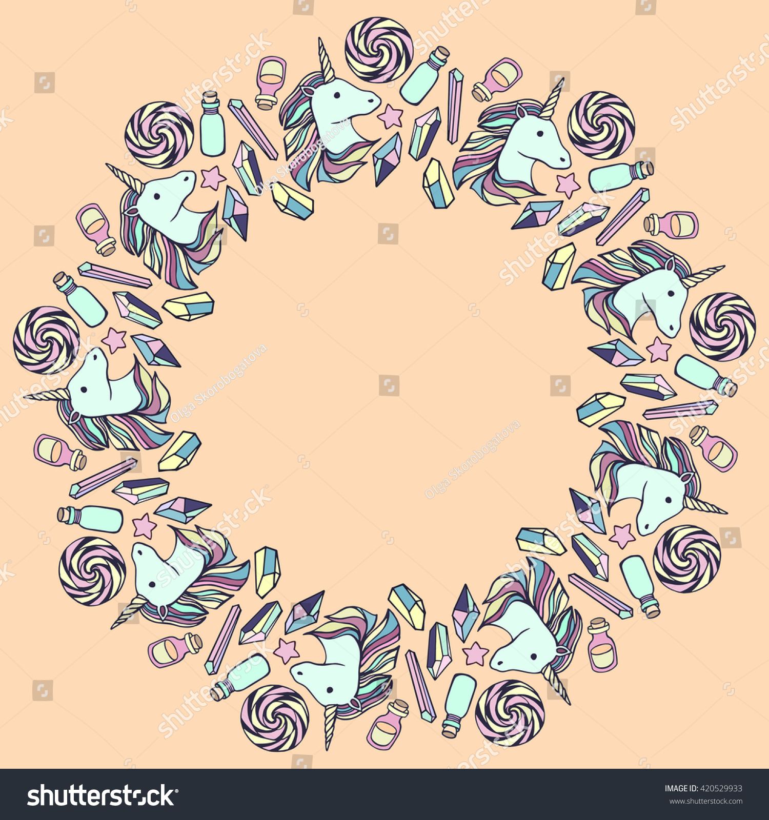 Cartoon Circle Frame Unicorns Magic Items: เวกเตอร์สต็อก (ปลอดค่า ...