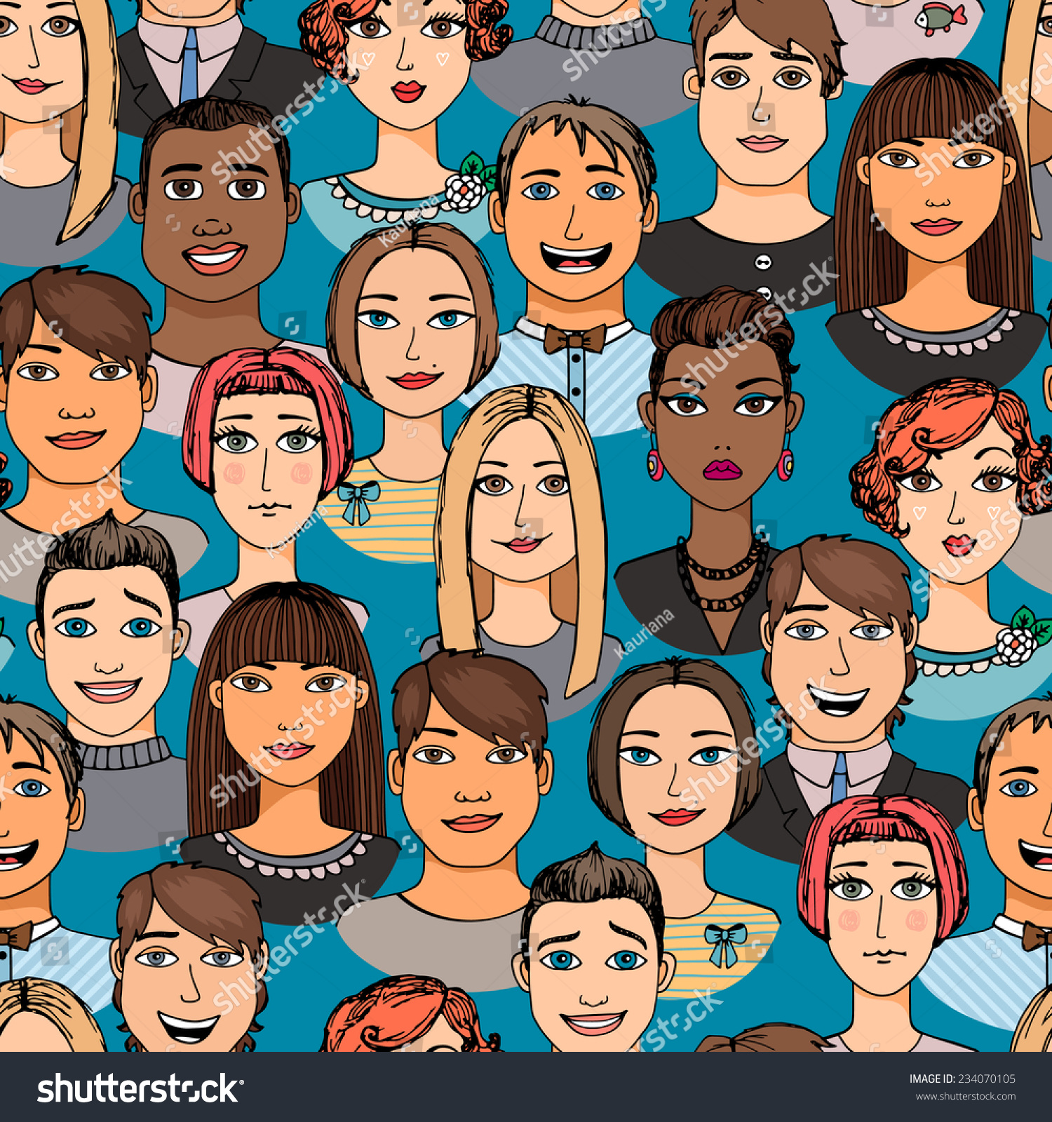 Cartoon Colored Faces Crowd Doodle Handdrawn Stock Vector (Royalty Free ...