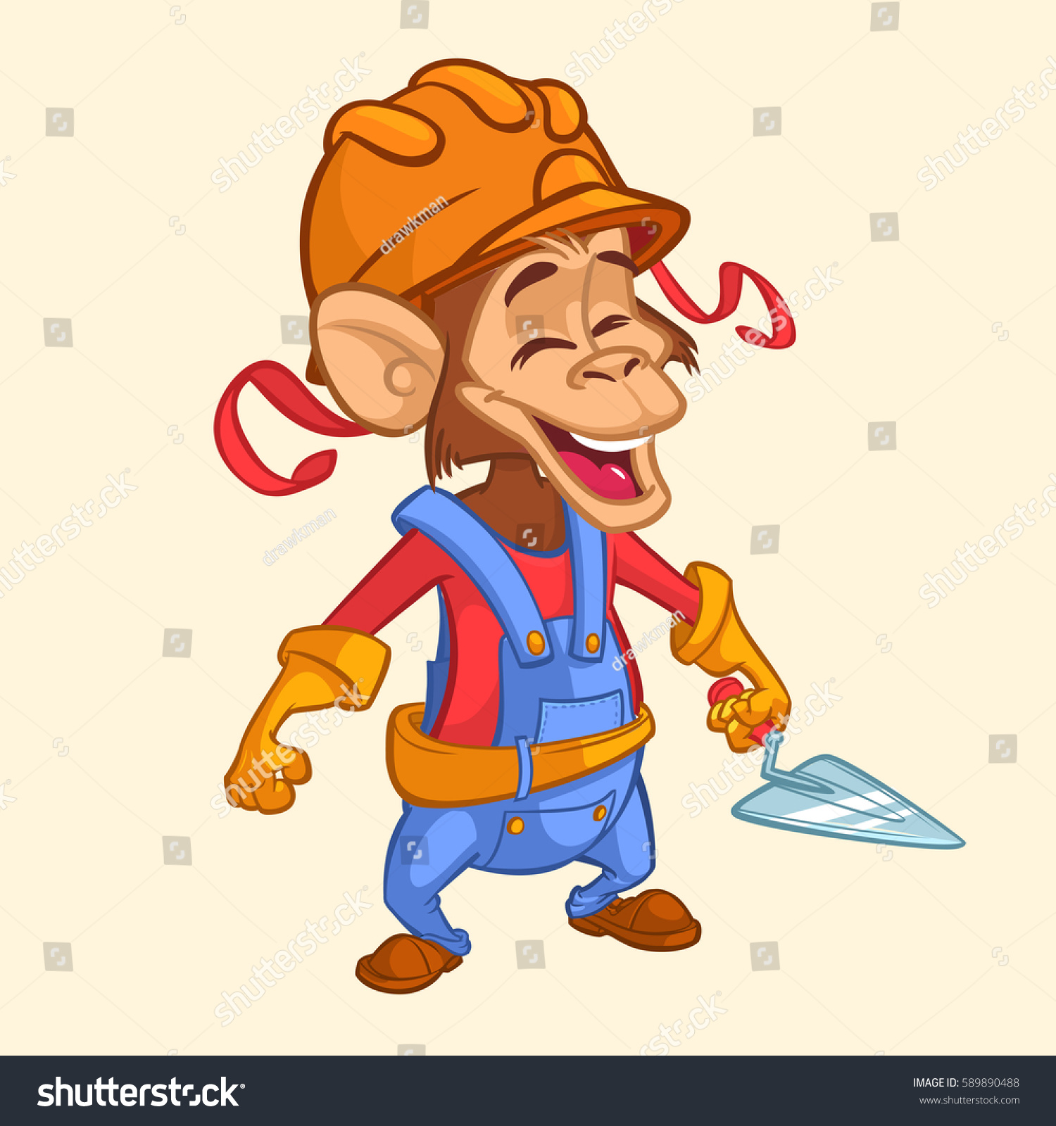 Cartoon Construction Worker Monkey Trowel Vector: เวกเตอร์สต็อก (ปลอด ...