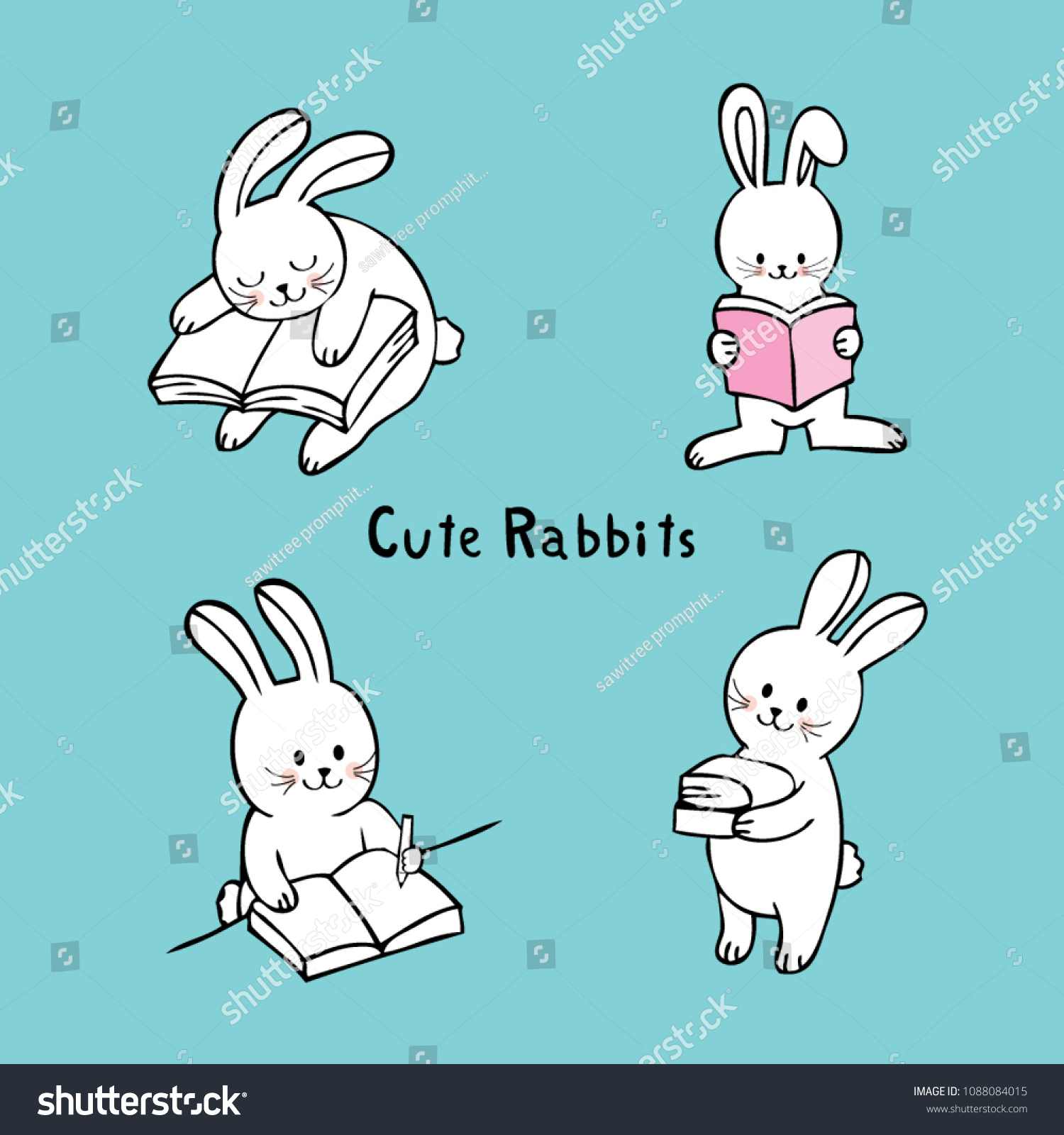 Cartoon Cut Actions White Rabbit Reading Stock Vector (Royalty Free ...
