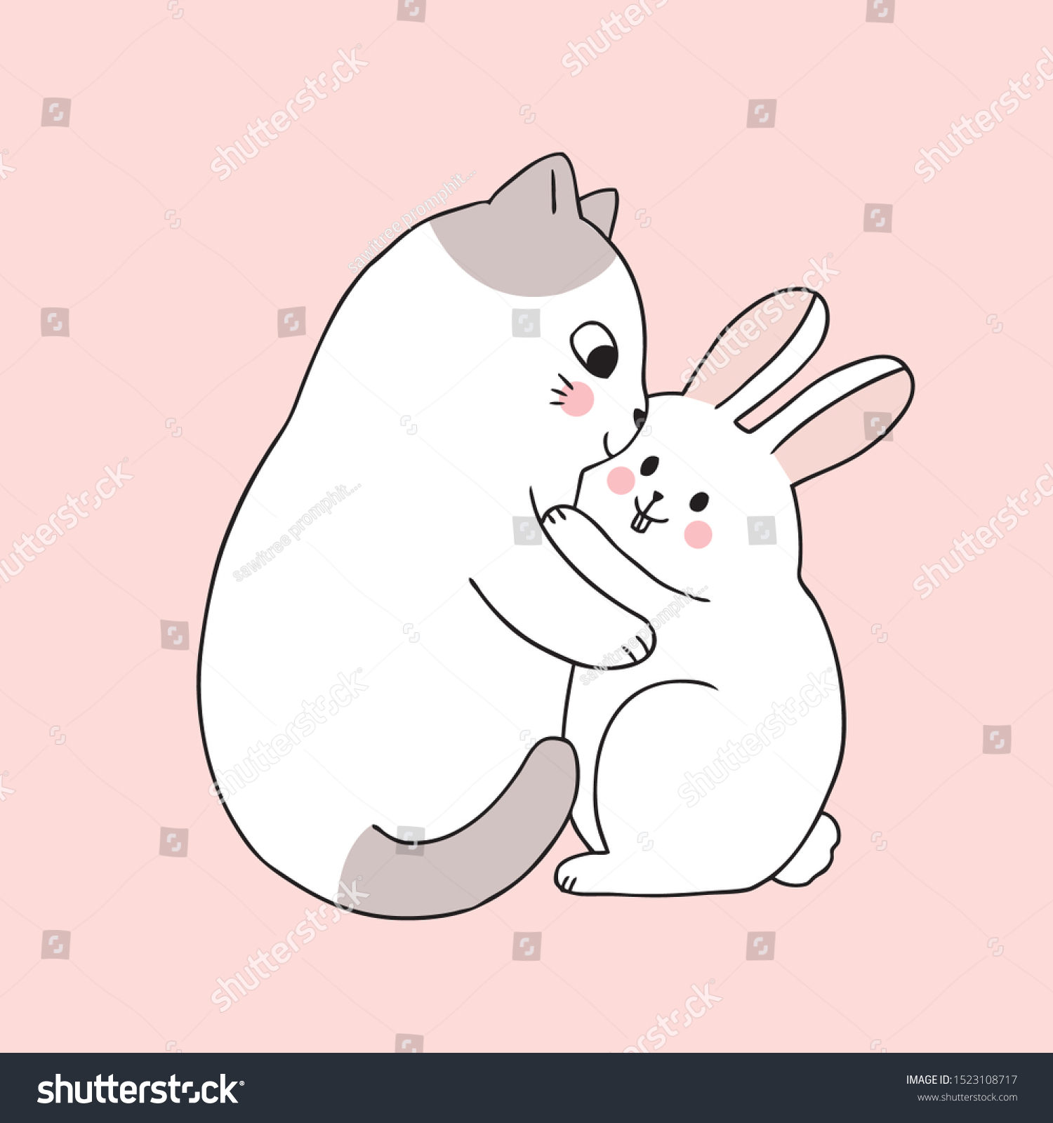 Cartoon Cute Cat Hugging Rabbit Vector Stock Vector (Royalty Free ...