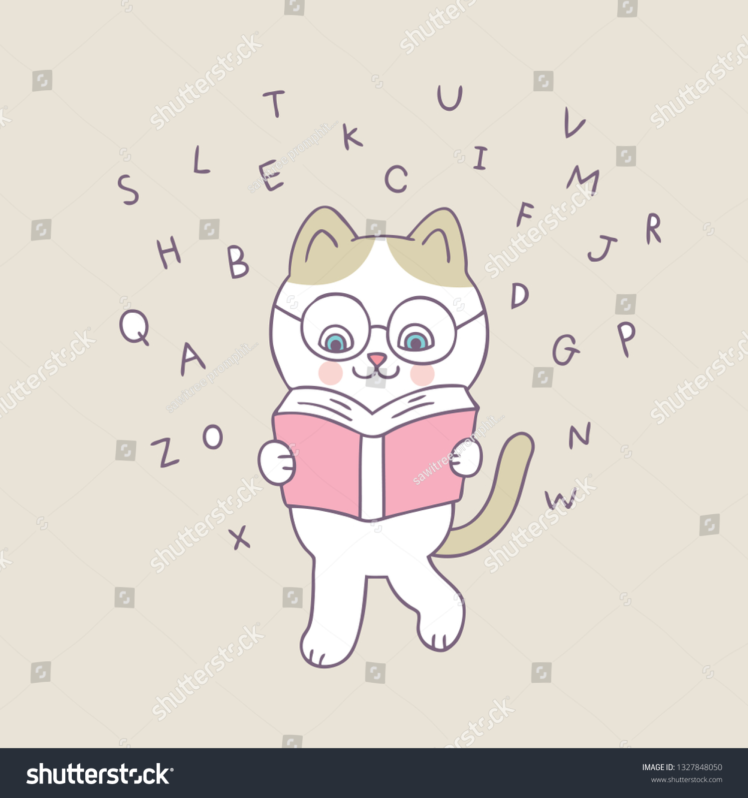 Cartoon Cute Cat Reading Book Vector Stock Vector (Royalty Free) 1327848050
