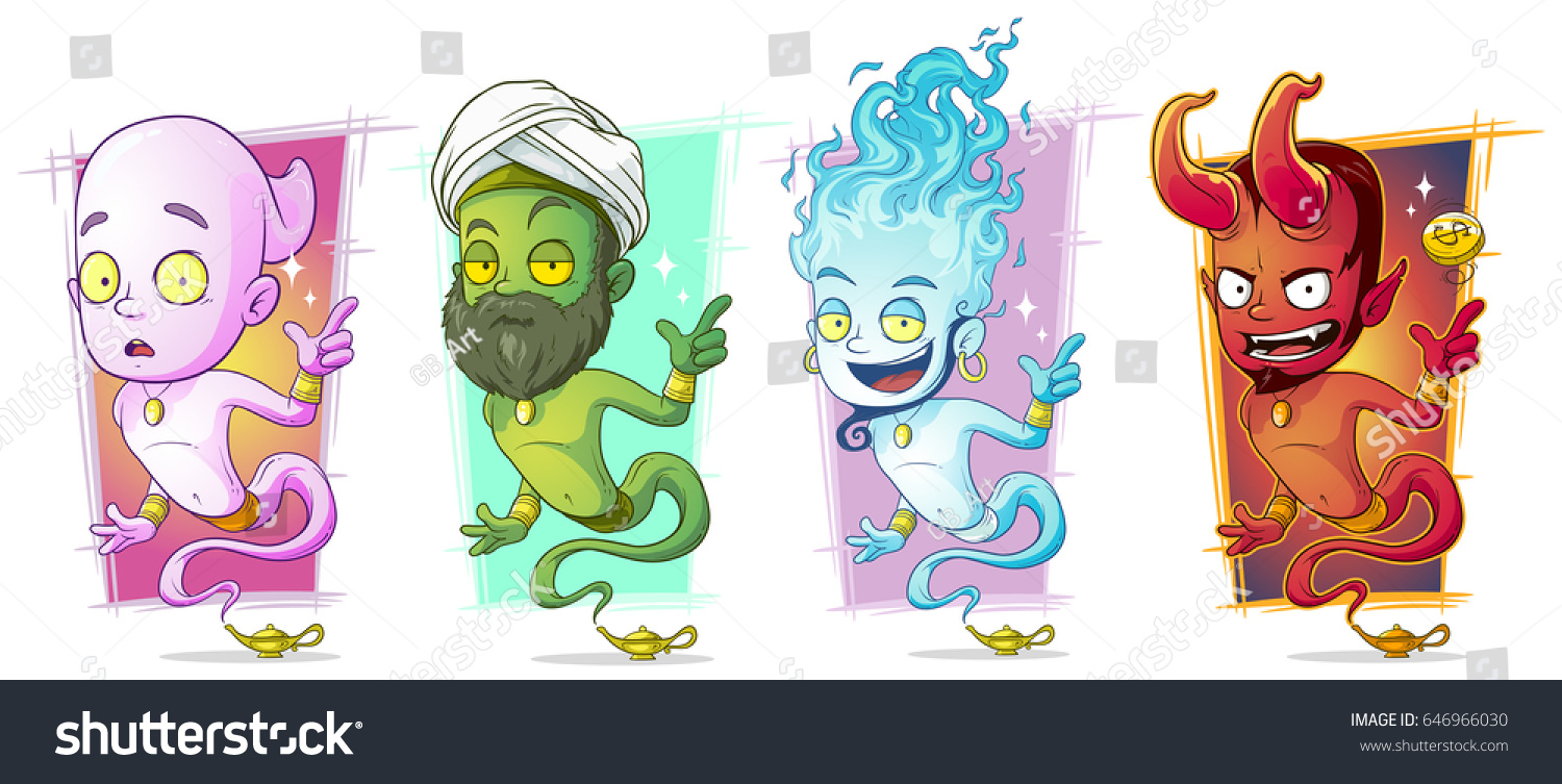 Cartoon Different Magic Jinns Lamp Character Stock Vector (Royalty Free ...