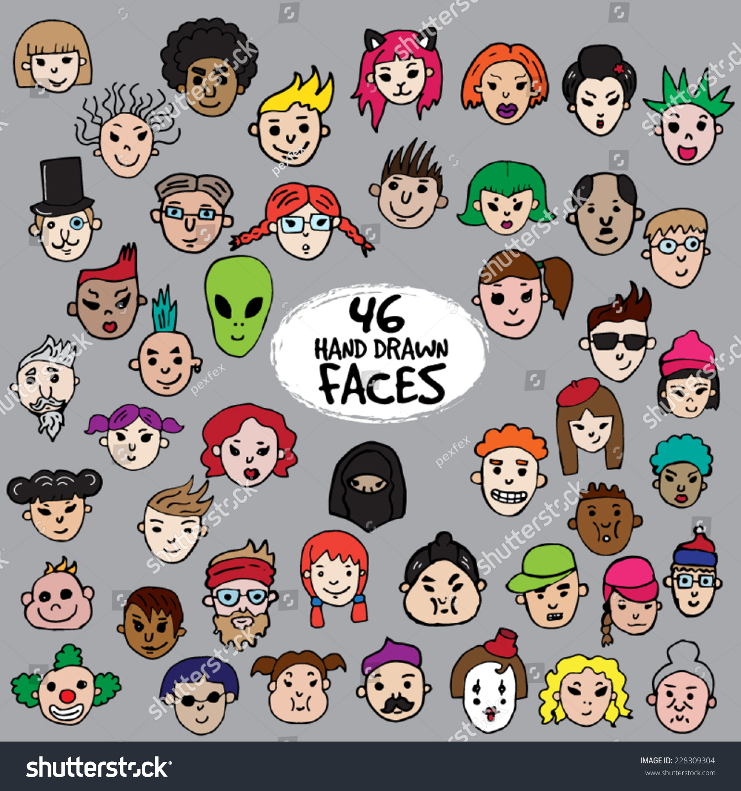 Cartoon Doodle Faces Vector Set 46: vector de stock (libre de regalías ...
