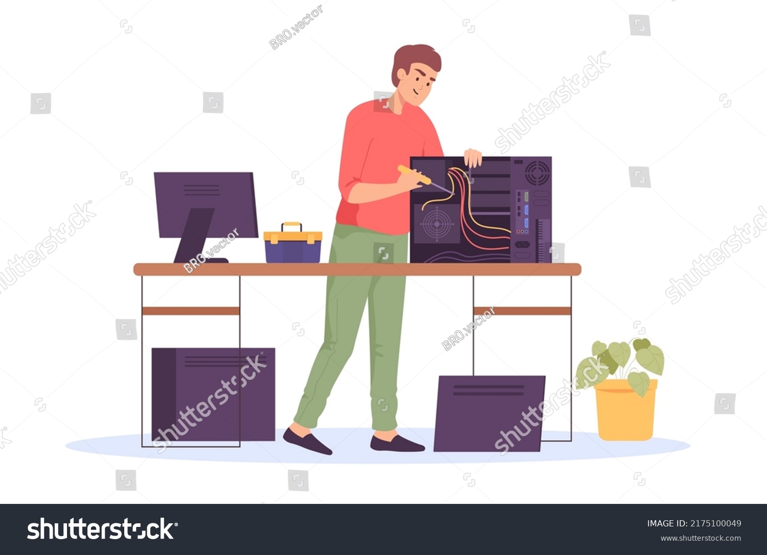 Cartoon Engineer Repairing Computer System Unit Stock Vector (Royalty ...