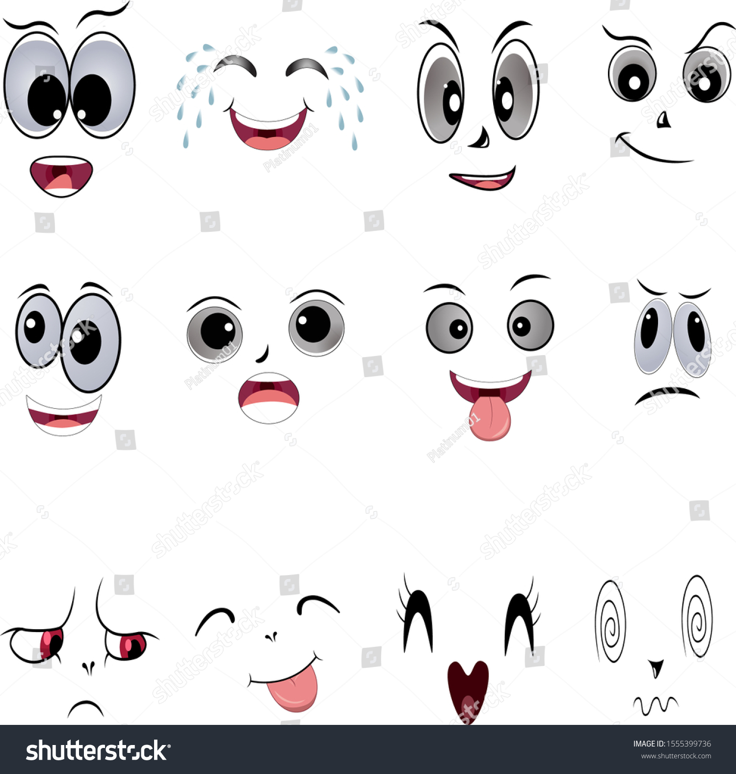 Cartoon Faces Expressions Vector Set Stok Vektör (Telifsiz) 1555399736 ...