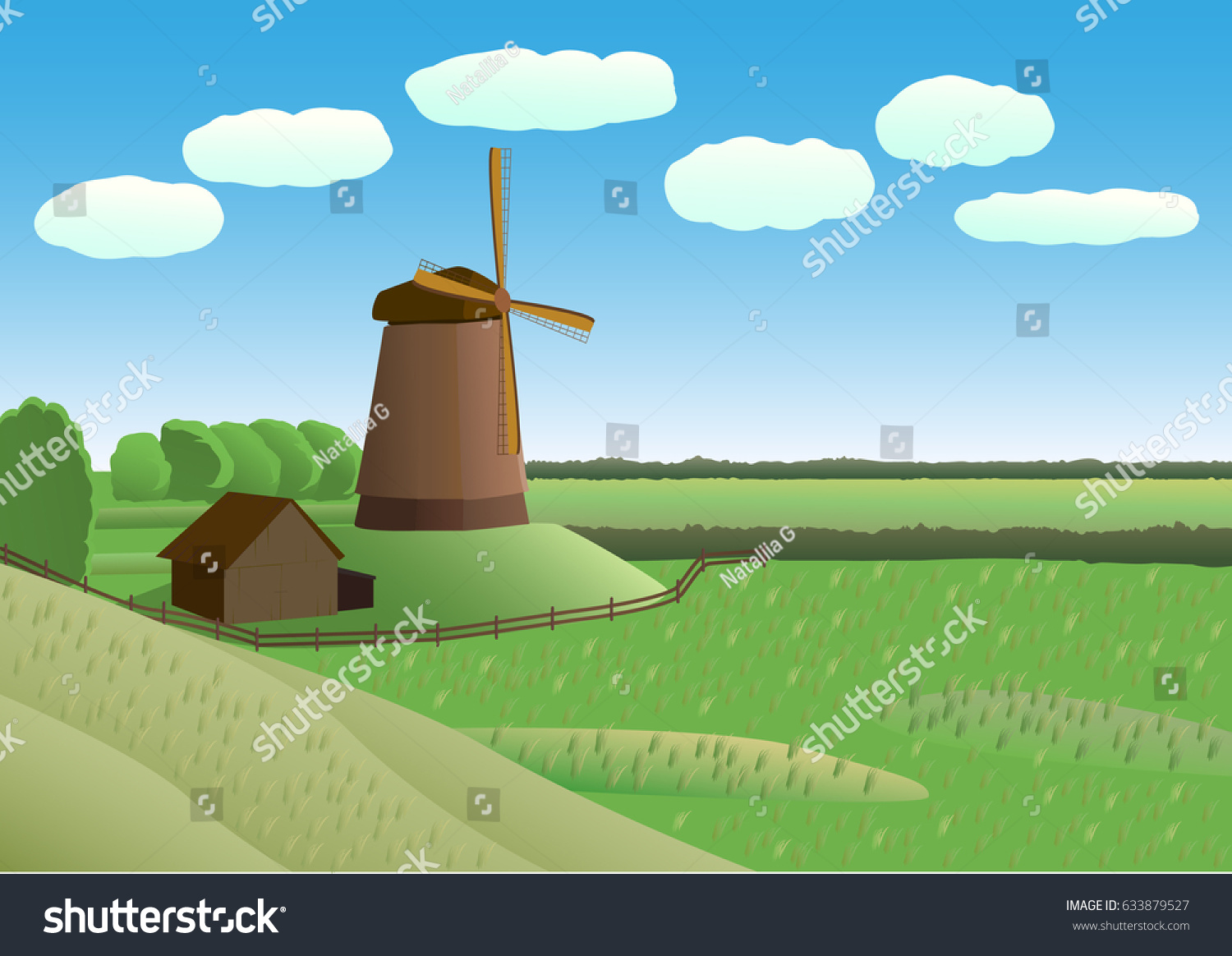 Cartoon Field Landscape Windmill Stock Vector (Royalty Free) 633879527 ...