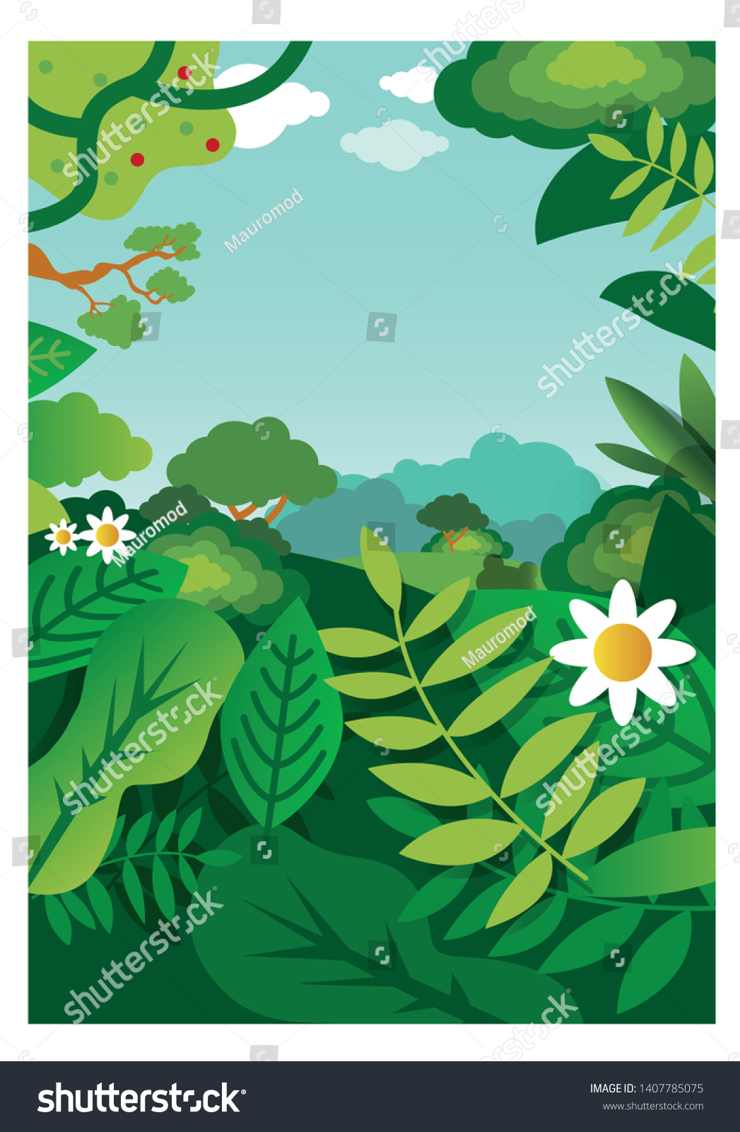 Cartoon Forest Background Vector Illustration: เวกเตอร์สต็อก (ปลอดค่า ...