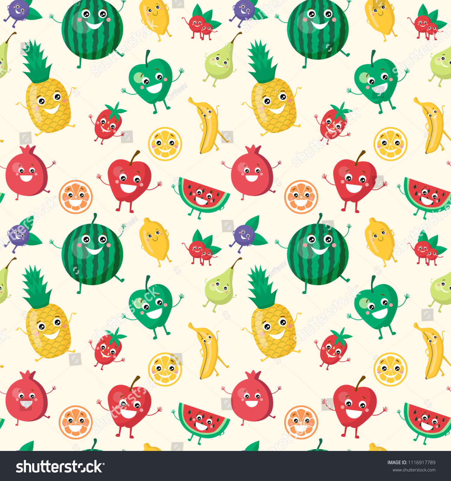 Cartoon Fruit Characters Seamless Pattern Wallpaper: vector de stock ...