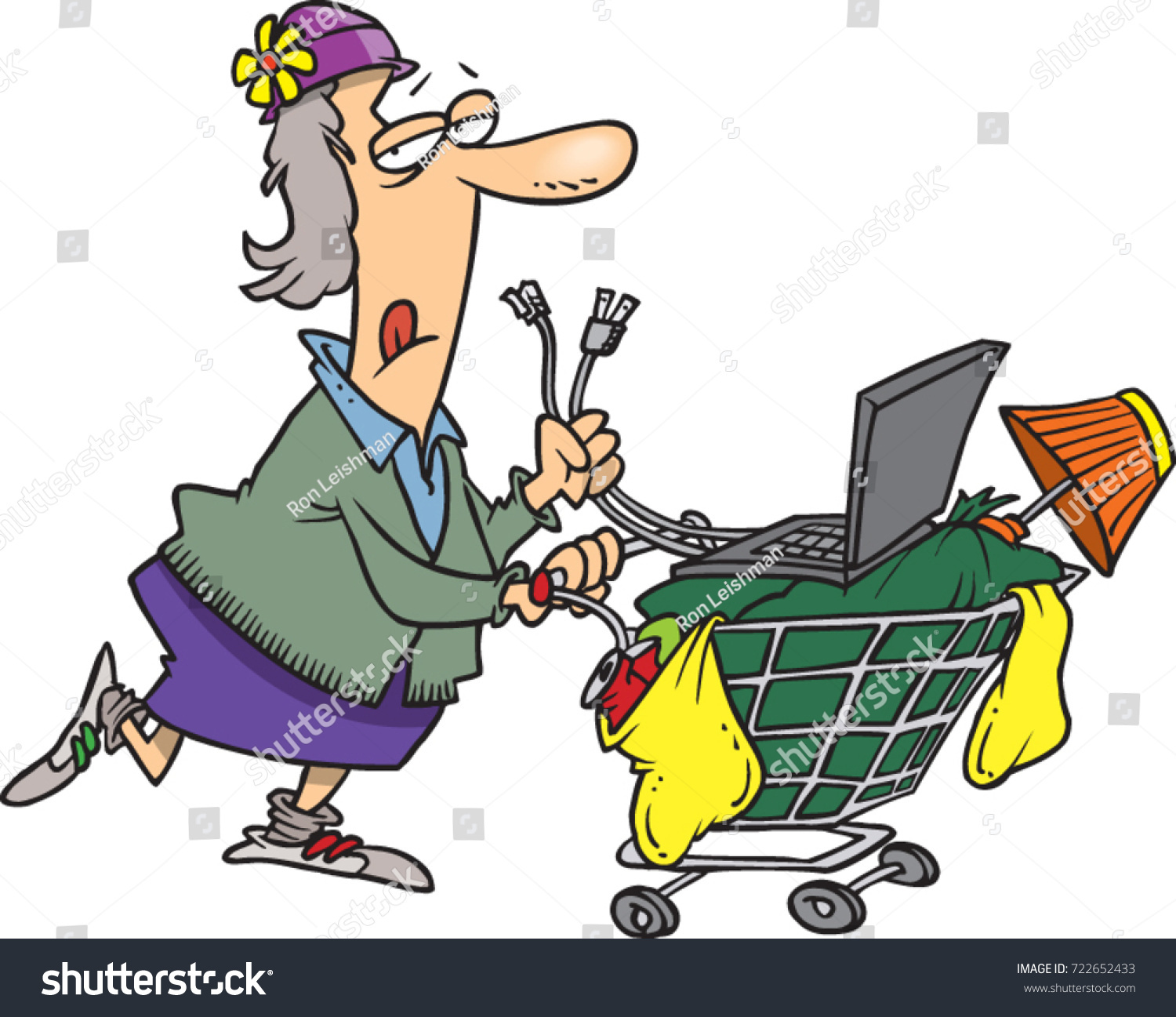 Cartoon Homeless Woman Pushing Shopping Cart เวกเตอร์สต็อก ปลอดค่า