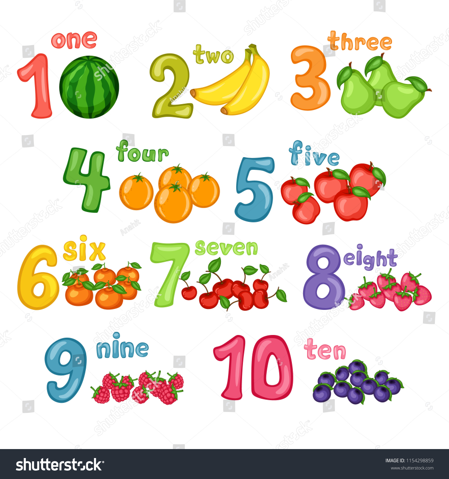 Cartoon Illustration Set Fruit Flashcards Numbers: เวกเตอร์สต็อก (ปลอด ...