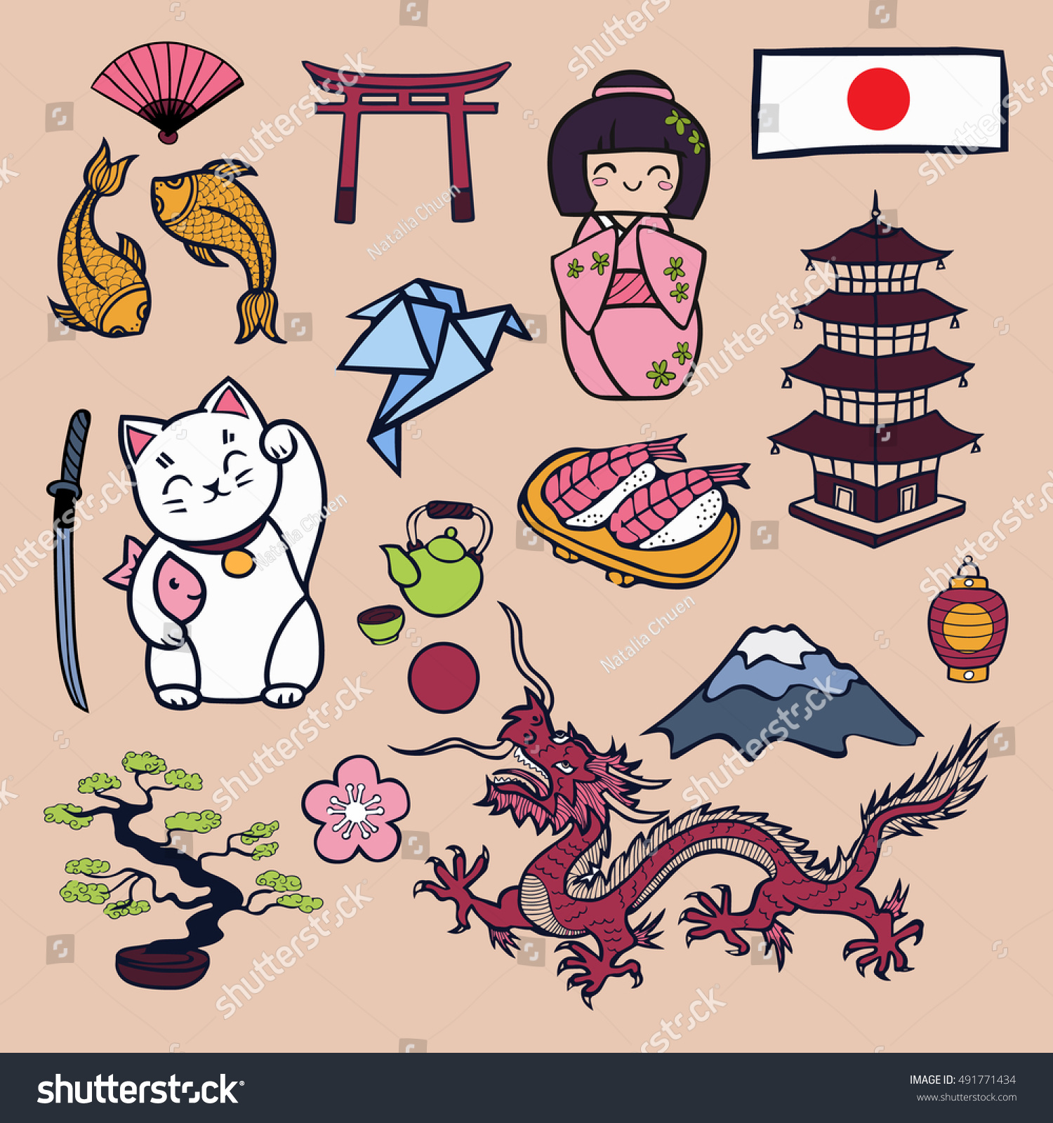Cartoon Japan Elements Set Stock Vector (Royalty Free) 491771434