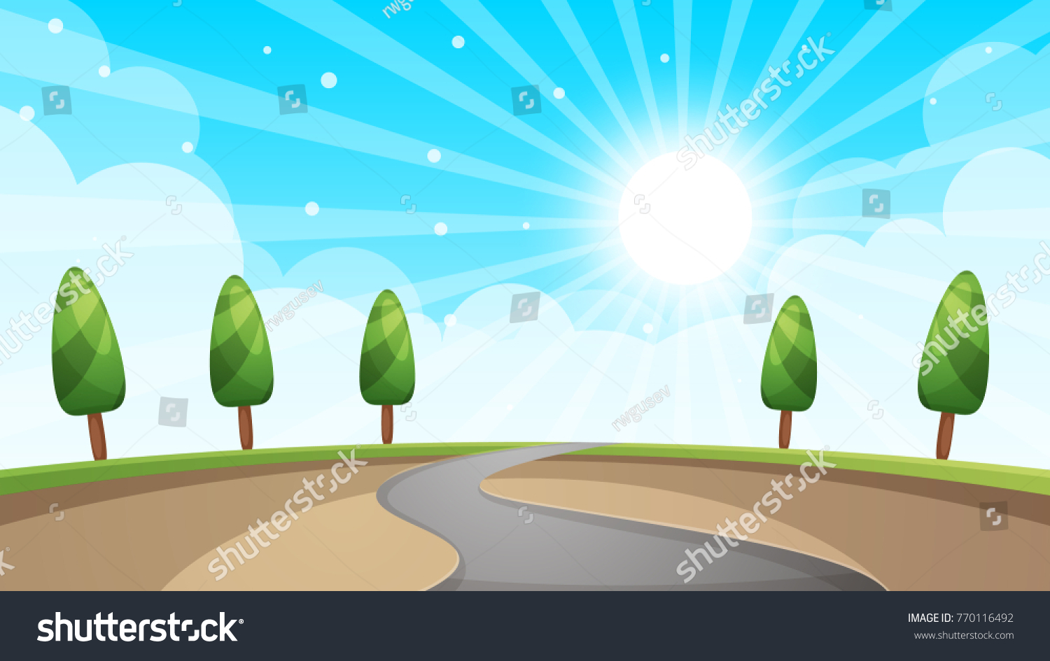 Cartoon Landscape Road Sun Tree Vector Stock Vector (Royalty Free ...