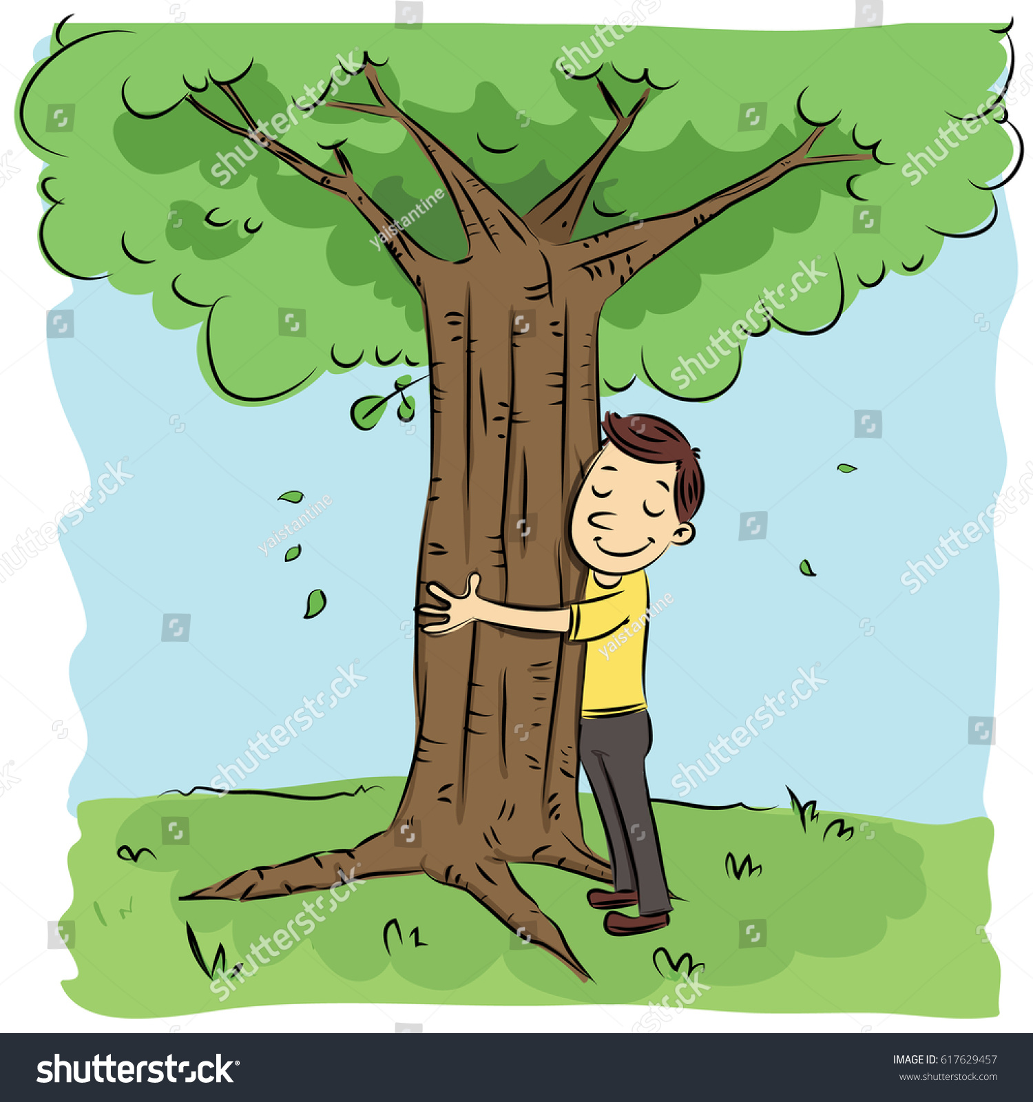 Cartoon Man Hugging Tree Stock Vector (Royalty Free) 617629457
