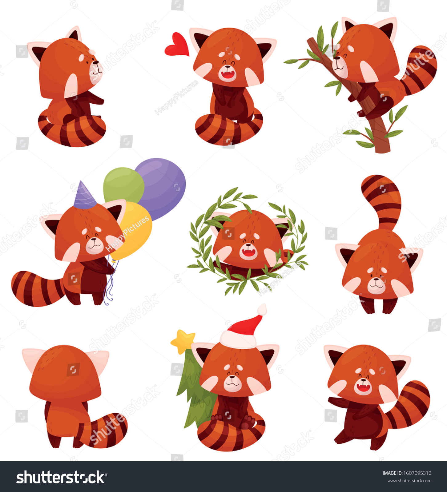 Cartoon Red Panda Character Doing Different 스톡 벡터(로열티 프리) 1607095312 ...