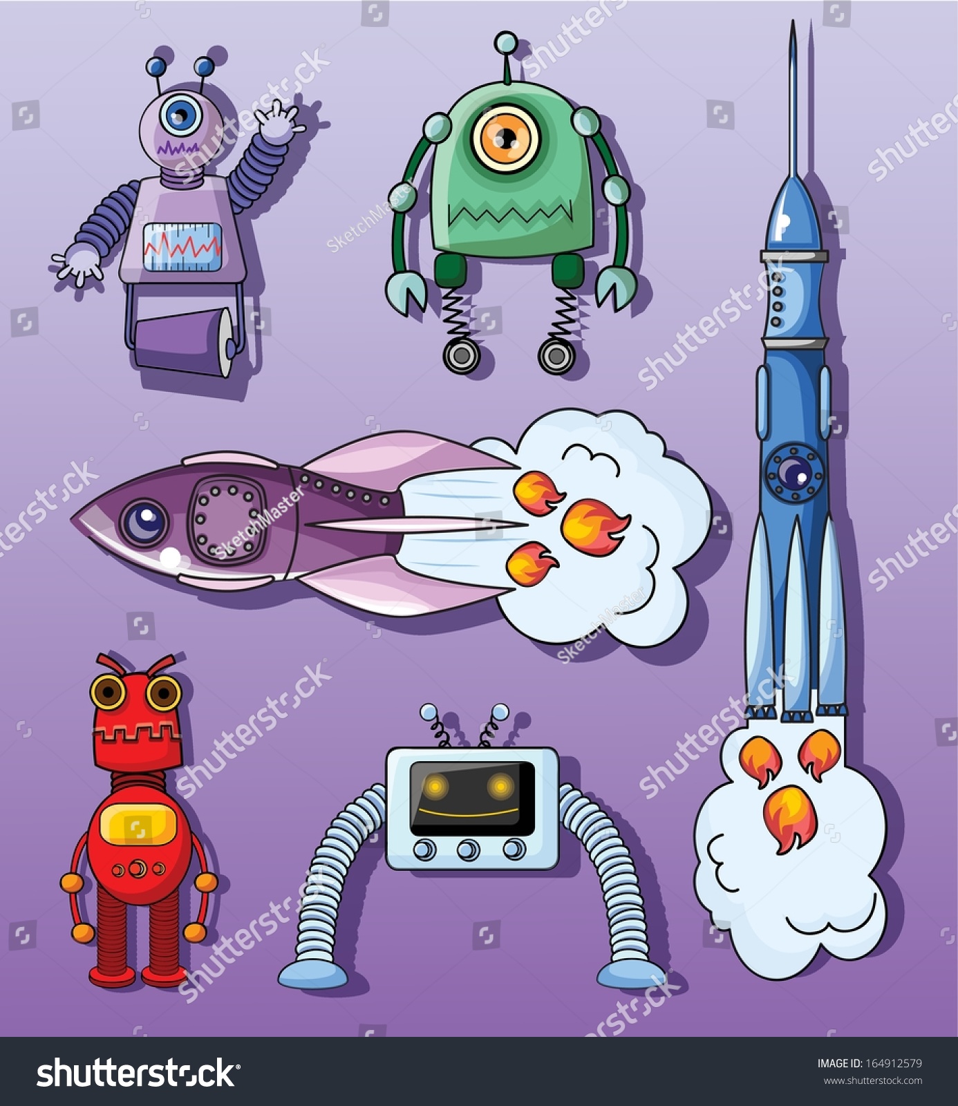Cartoon Rockets Robots Vector Set Stock Vector (Royalty Free) 164912579