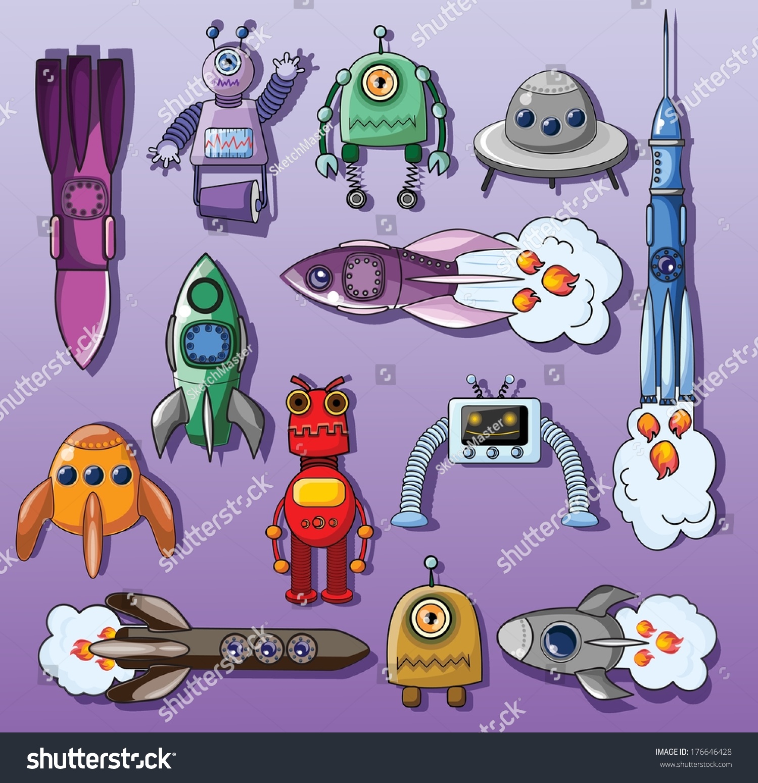 Cartoon Rockets Robots Vector Set: เวกเตอร์สต็อก (ปลอดค่าลิขสิทธิ์ ...