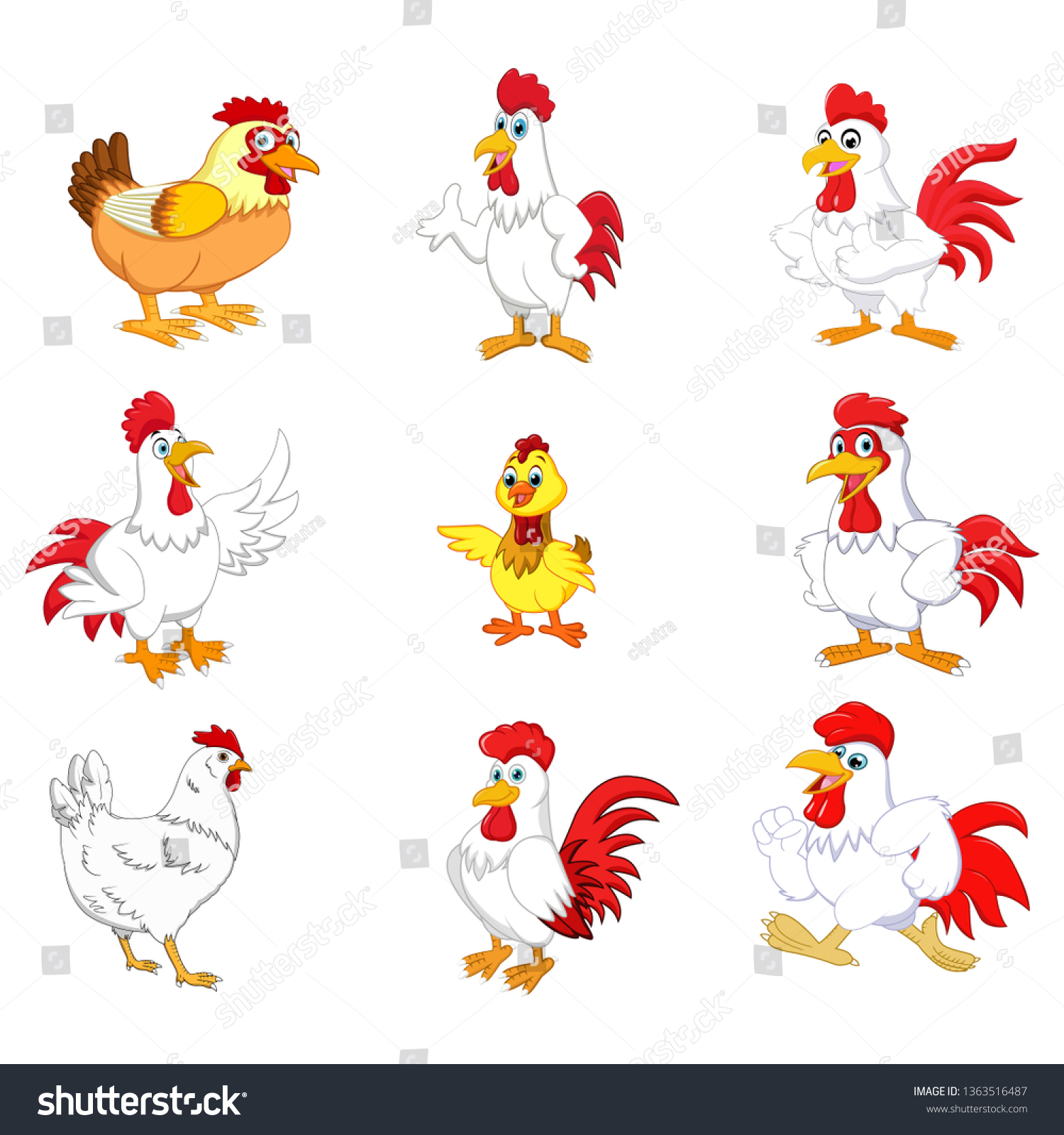 Cartoon Rooster Collection Set Stock Vector (Royalty Free) 1363516487