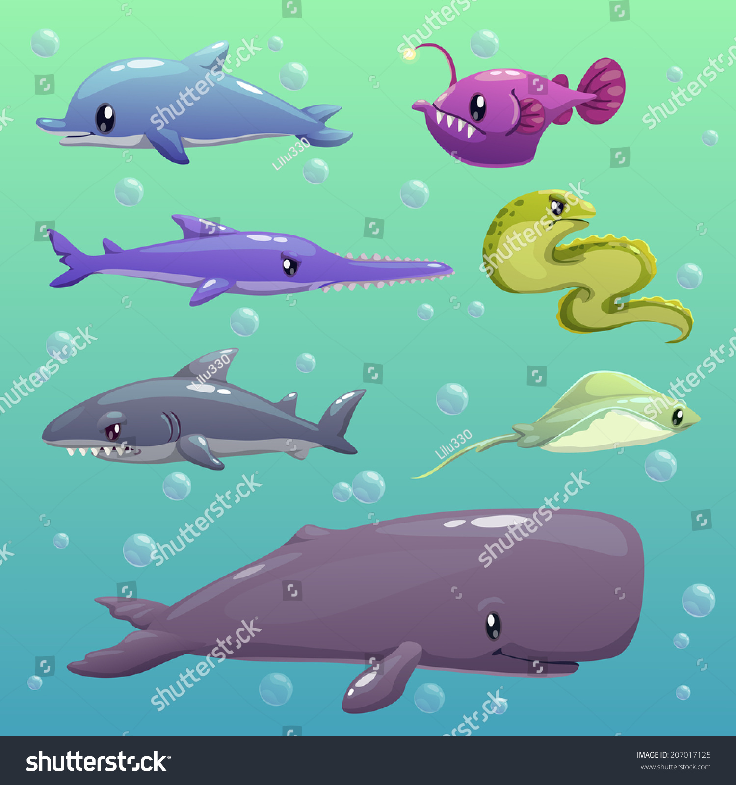 Cartoon Sea Animals Vector: เวกเตอร์สต็อก (ปลอดค่าลิขสิทธิ์) 207017125