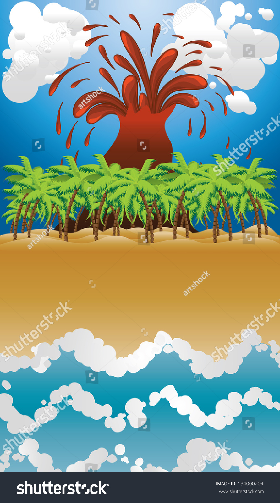 Cartoon Tropical Island Exploding Volcano Background: vector de stock ...