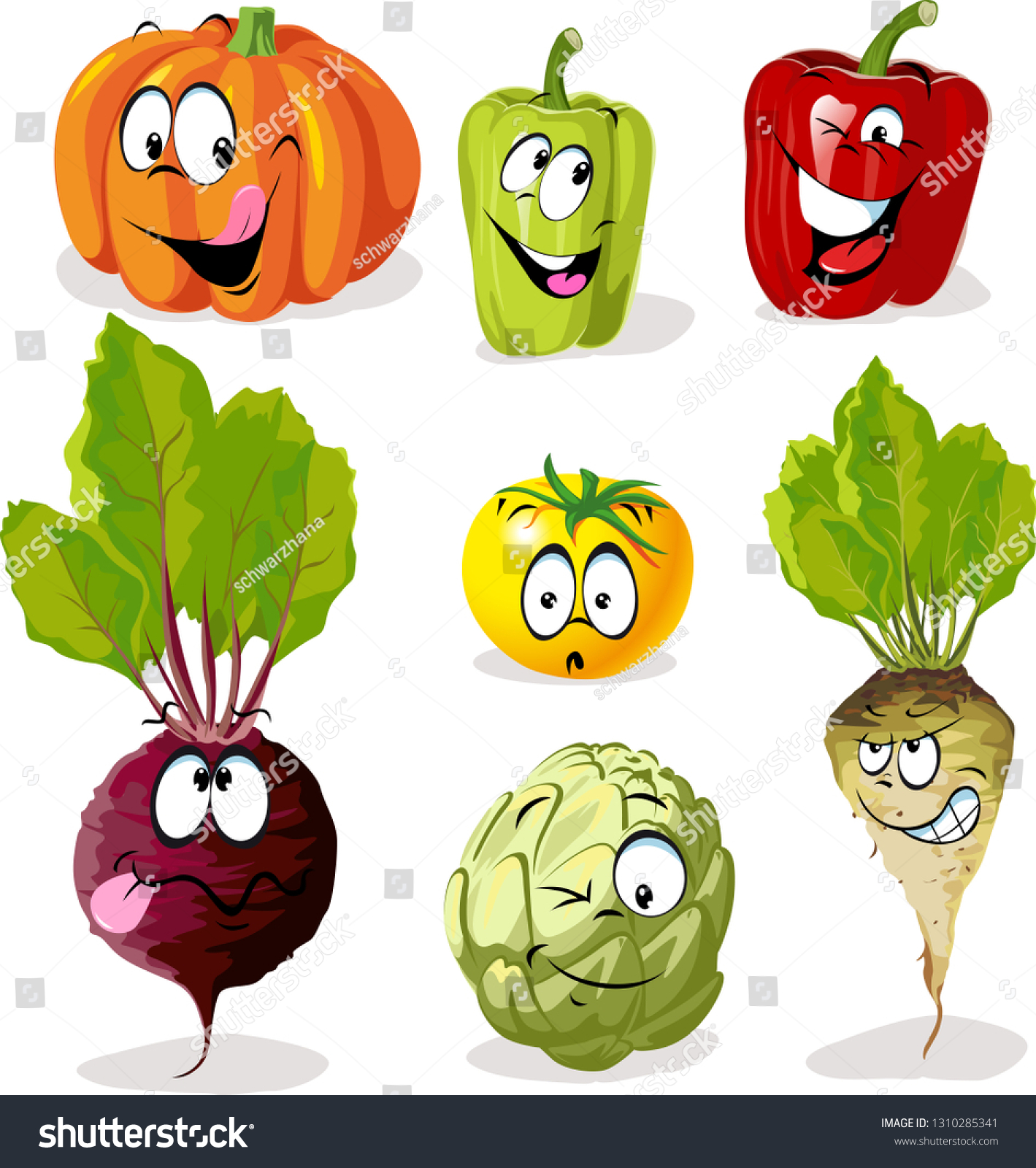 Vektor Stok Cartoon Vegetable Character Funny Faces Vector (Tanpa ...