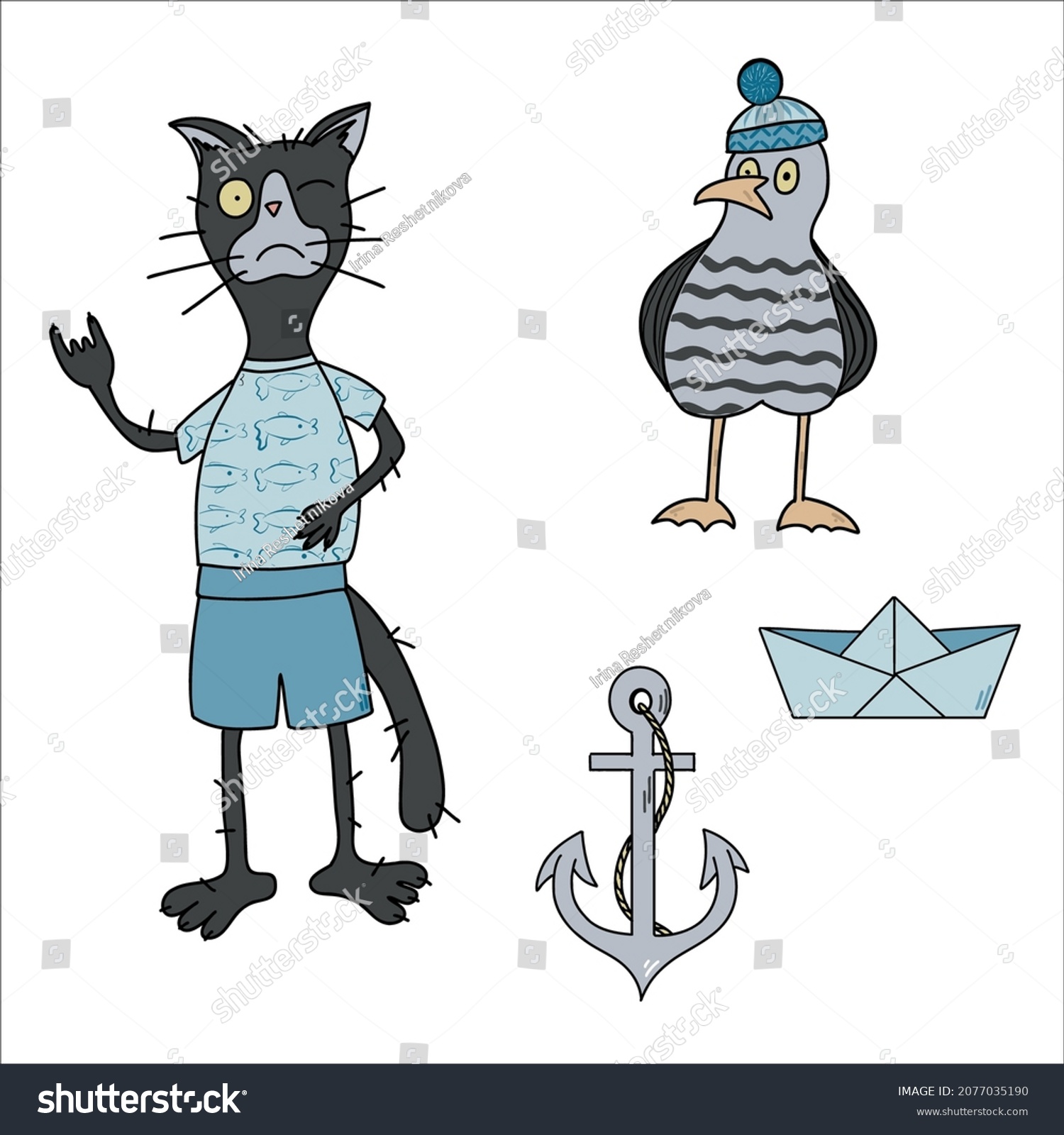Cat Seagull Vector Marine Theme Stock Vector (Royalty Free) 2077035190 ...