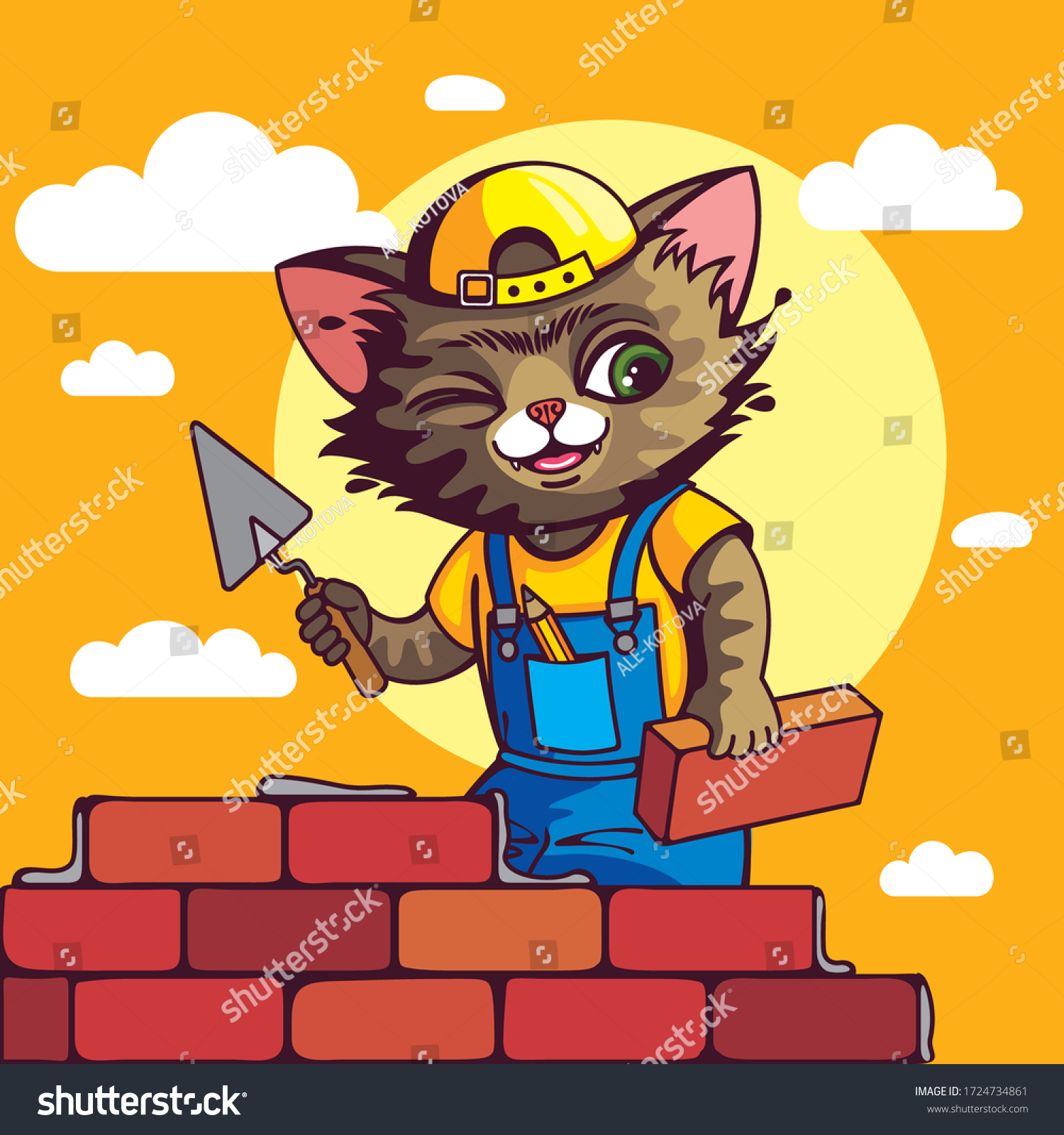 Cat Builder Puts Brick Wall Stock Vector (Royalty Free) 1724734861