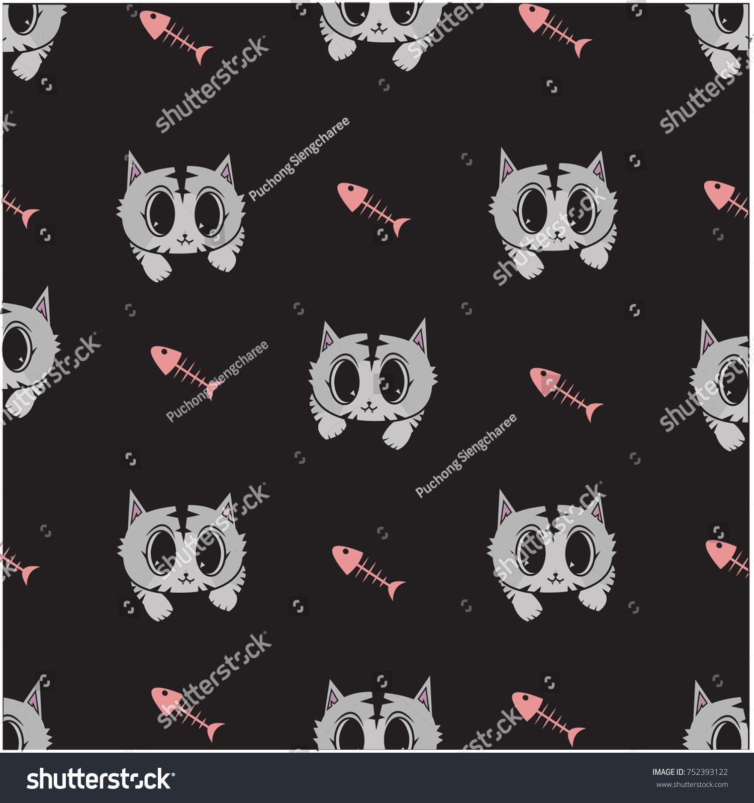 Cat Fishbone Black Background Stock Vector (Royalty Free) 752393122