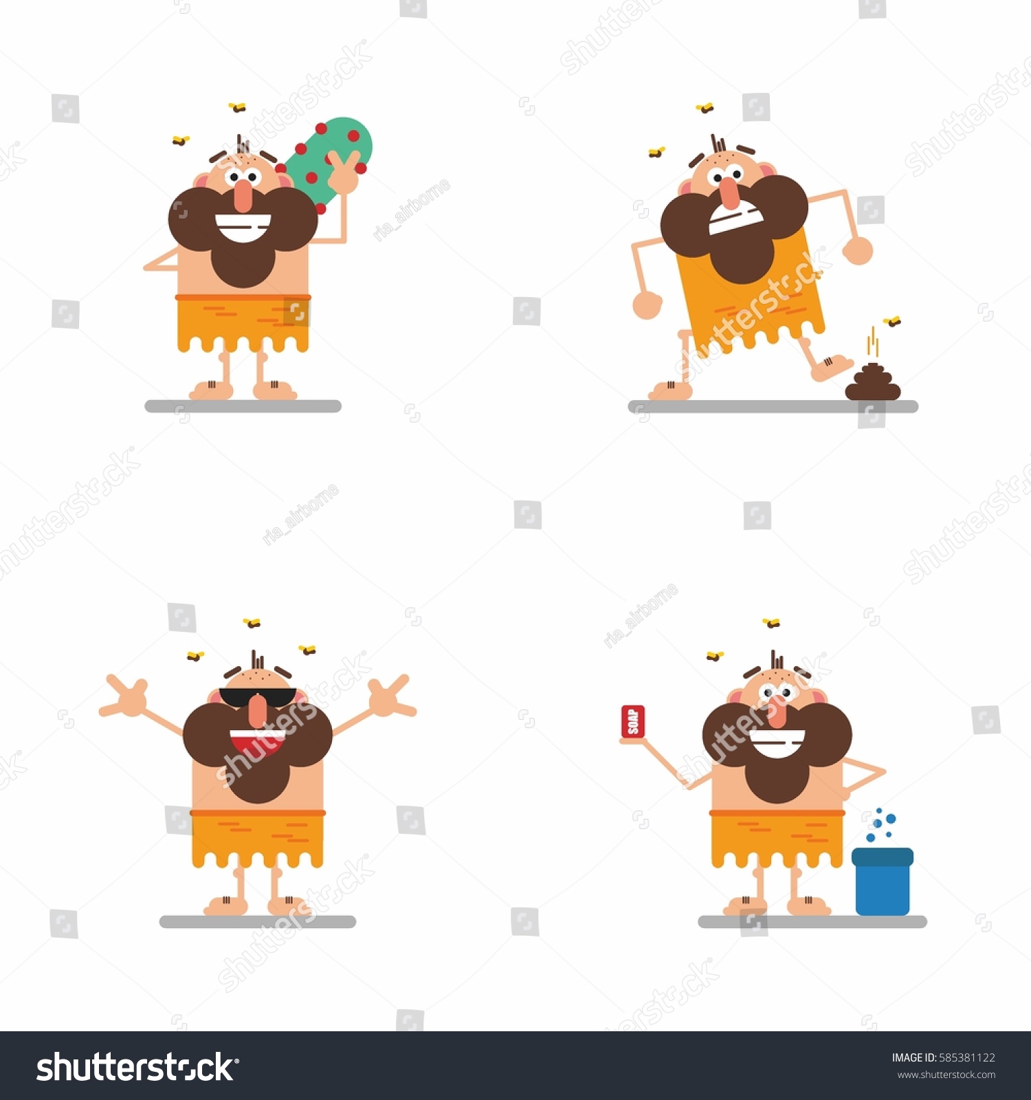 Cave Man Cartoon Character Set: vector de stock (libre de regalías ...