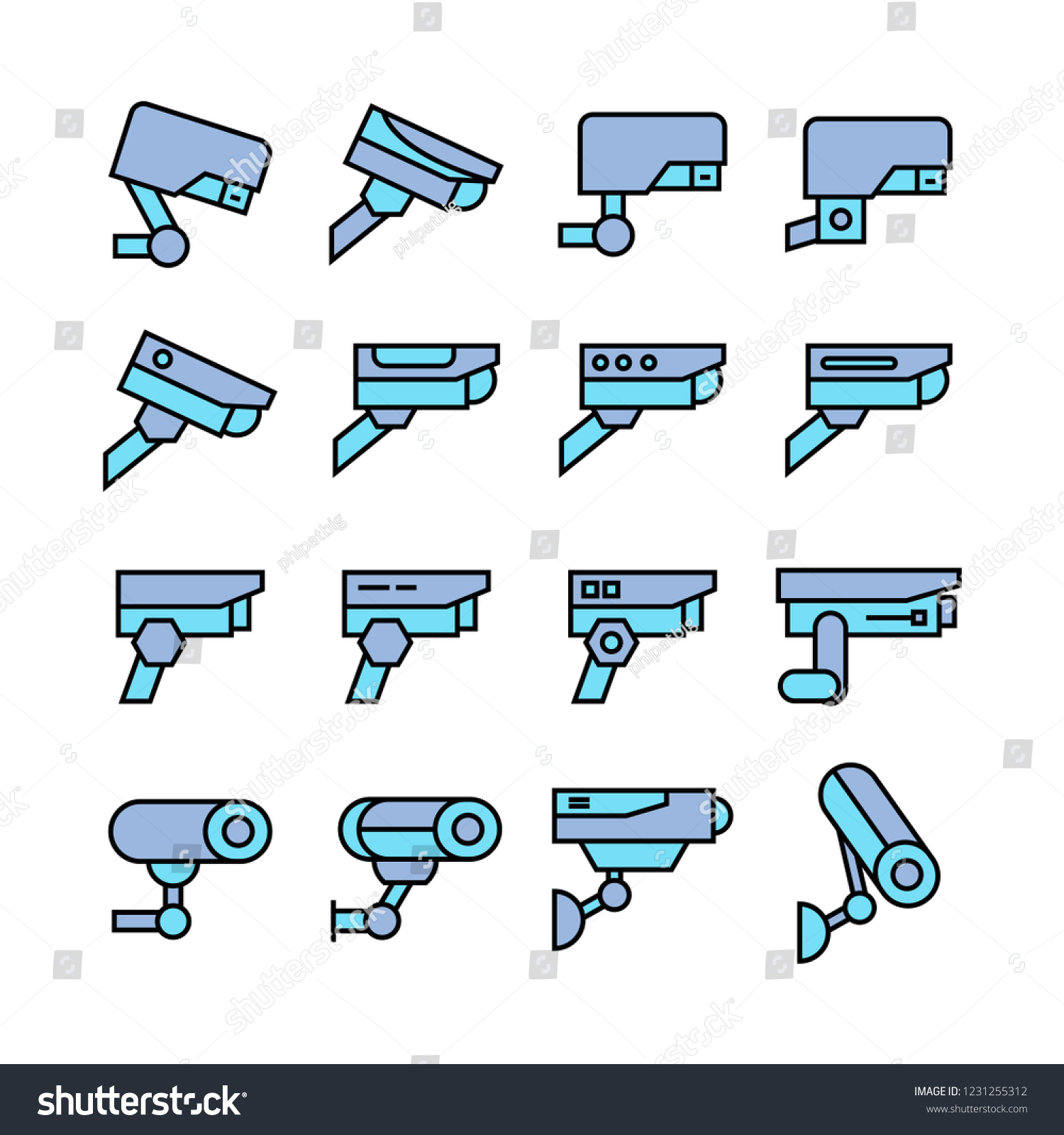 Cctv Security Camera Icons Blue Theme Stock Vector (Royalty Free ...